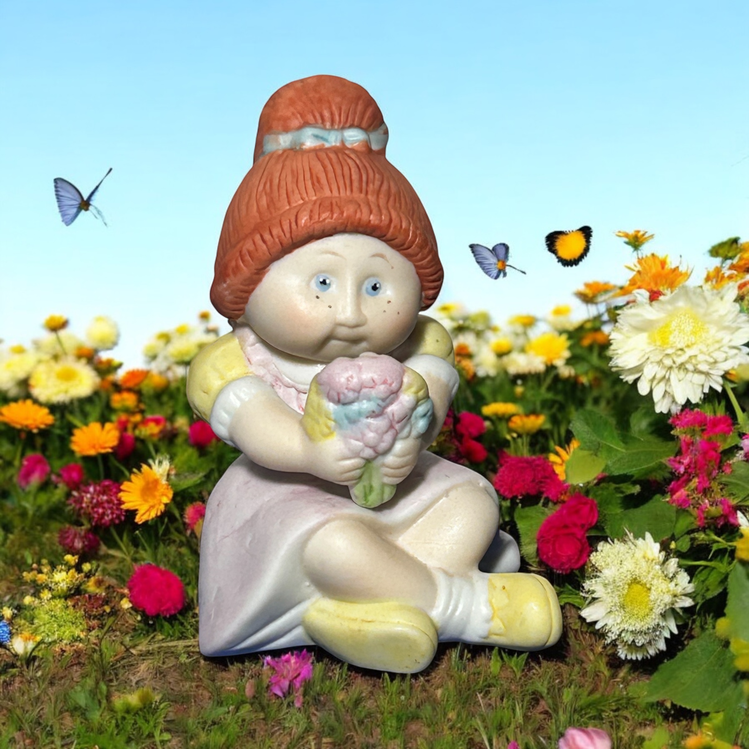 Vintage 1984 Cabbage Patch Ceramic Figure Red Head Girl With Flowers