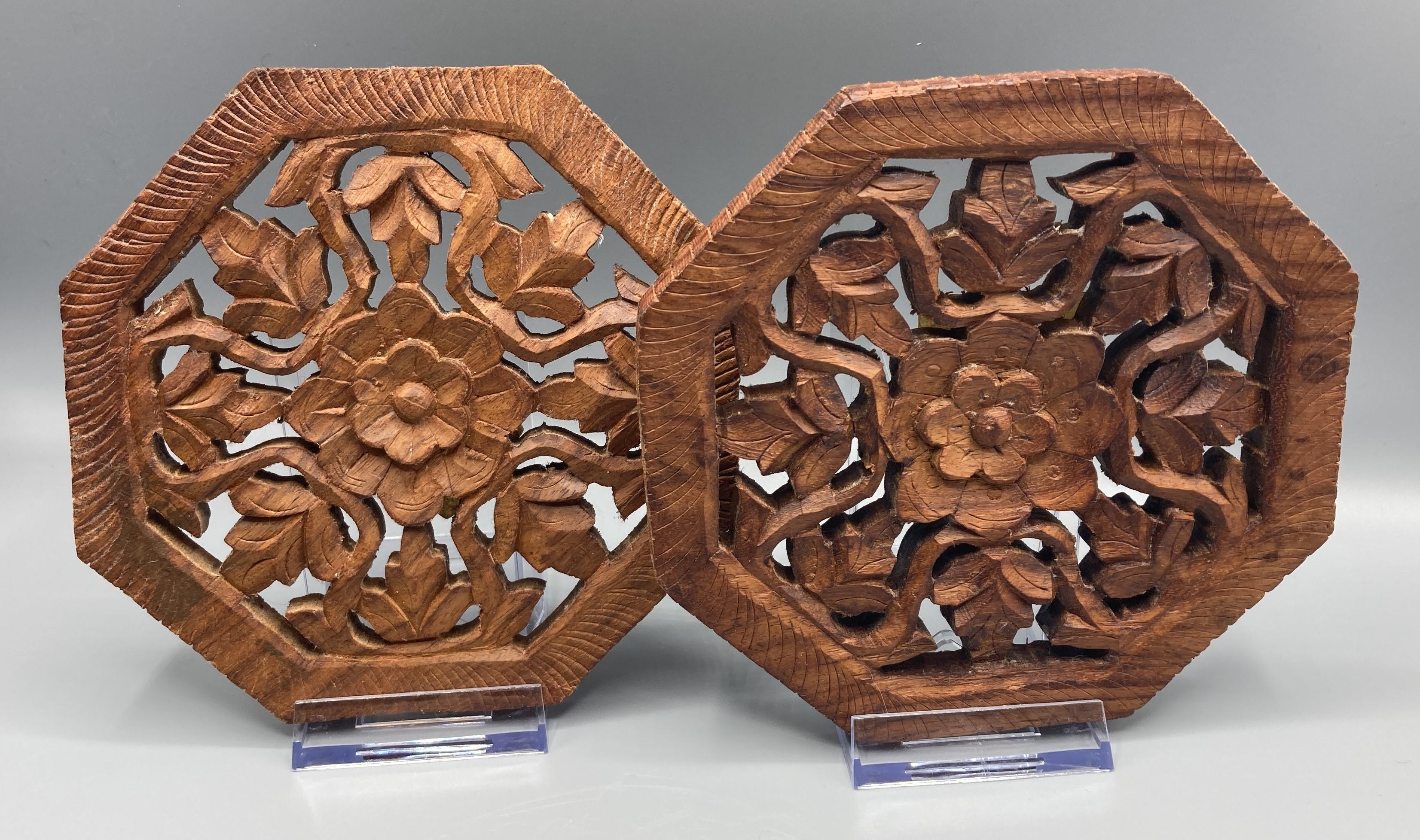 Hand Carved Wood Footed Trivets - Vintage