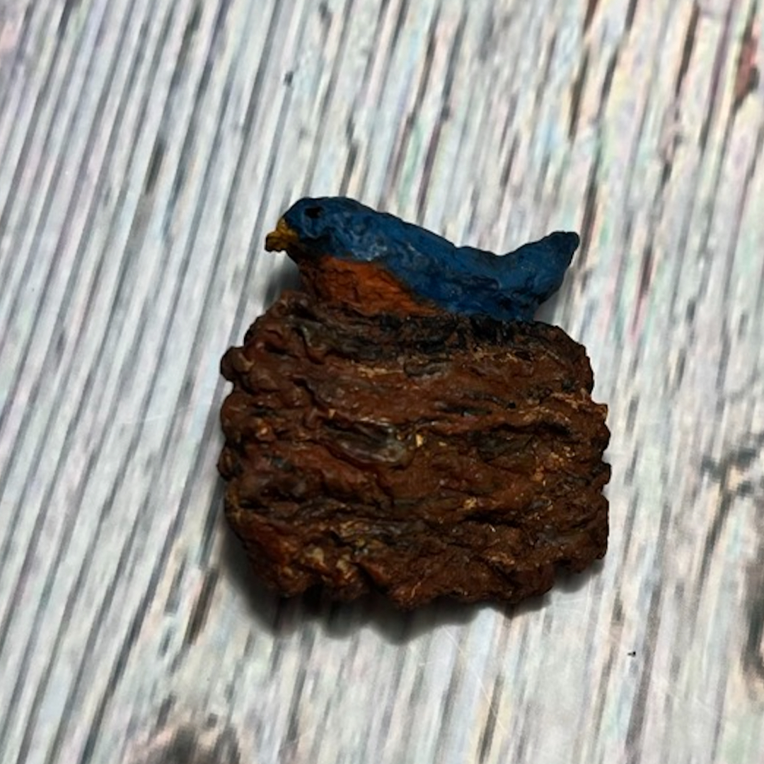 A003- Blue Bird Vintage Paper Mache Brooch, Signed “Rita 99”