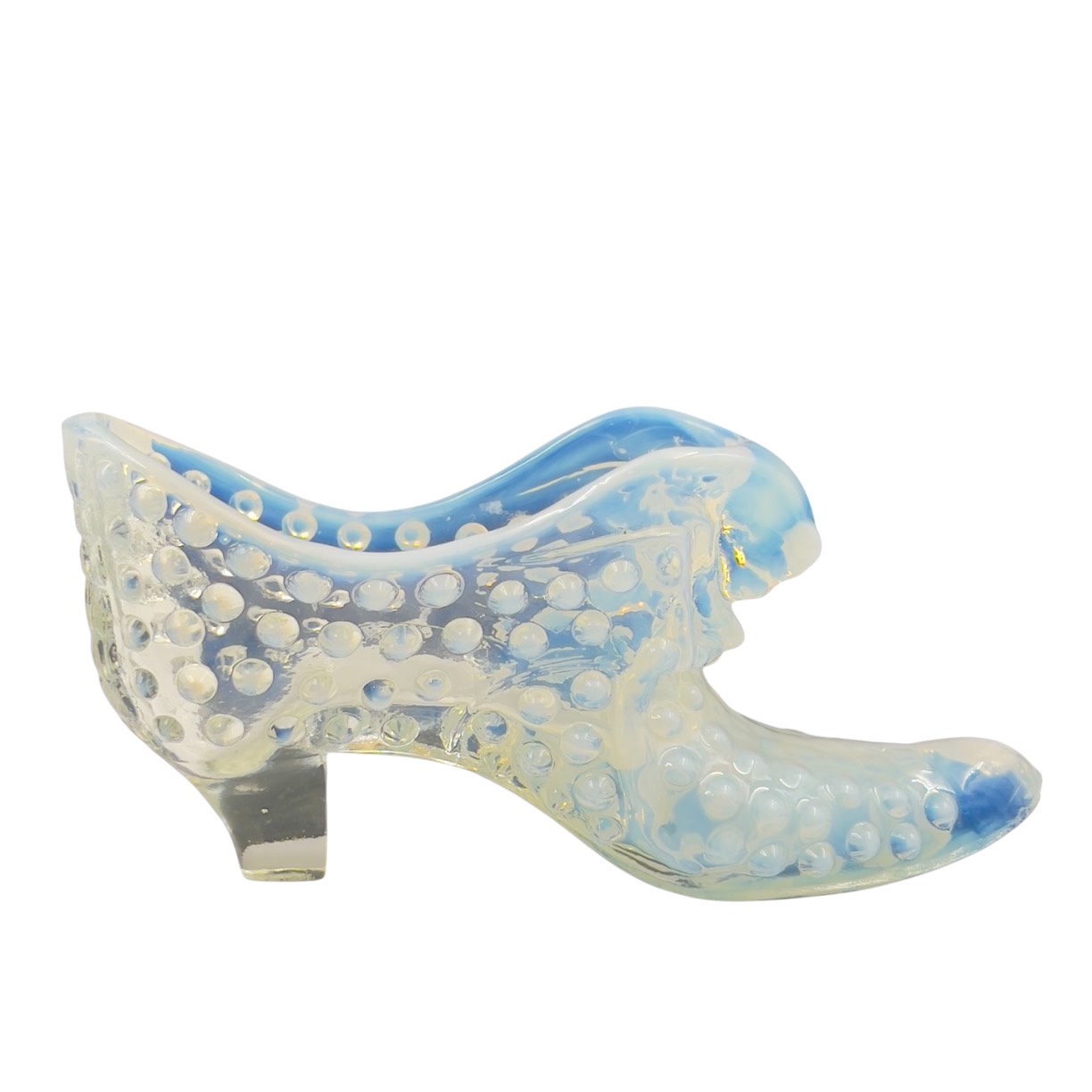 GLASS Fenton Shoe White Opalescent Hobnail Call Out