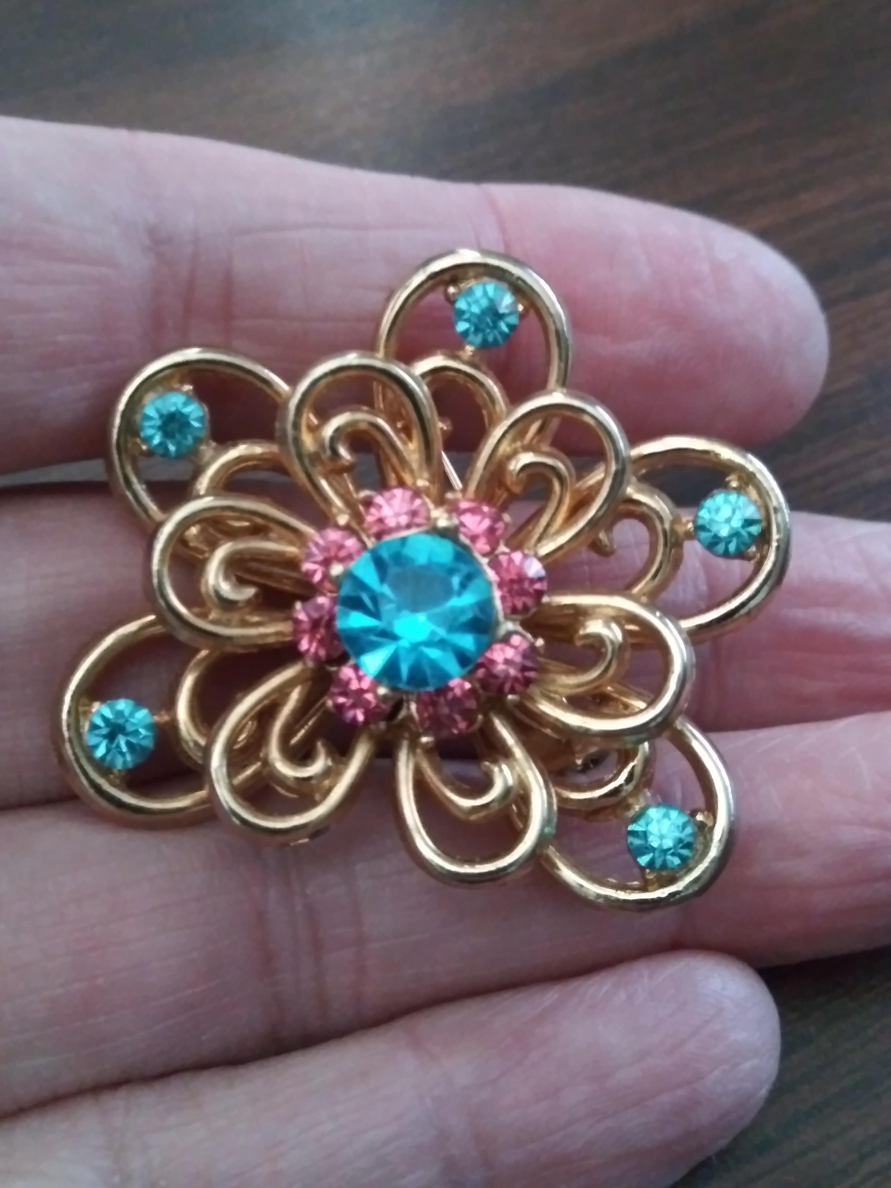 Vintage Coro Gold Tone Brooch Blue and Pink Rhinestones 1 3/4"