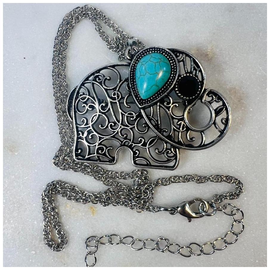 Tony Turquoise Elephant Trunk Up Pendant Necklace Brooch Jewelry 18+3 ...