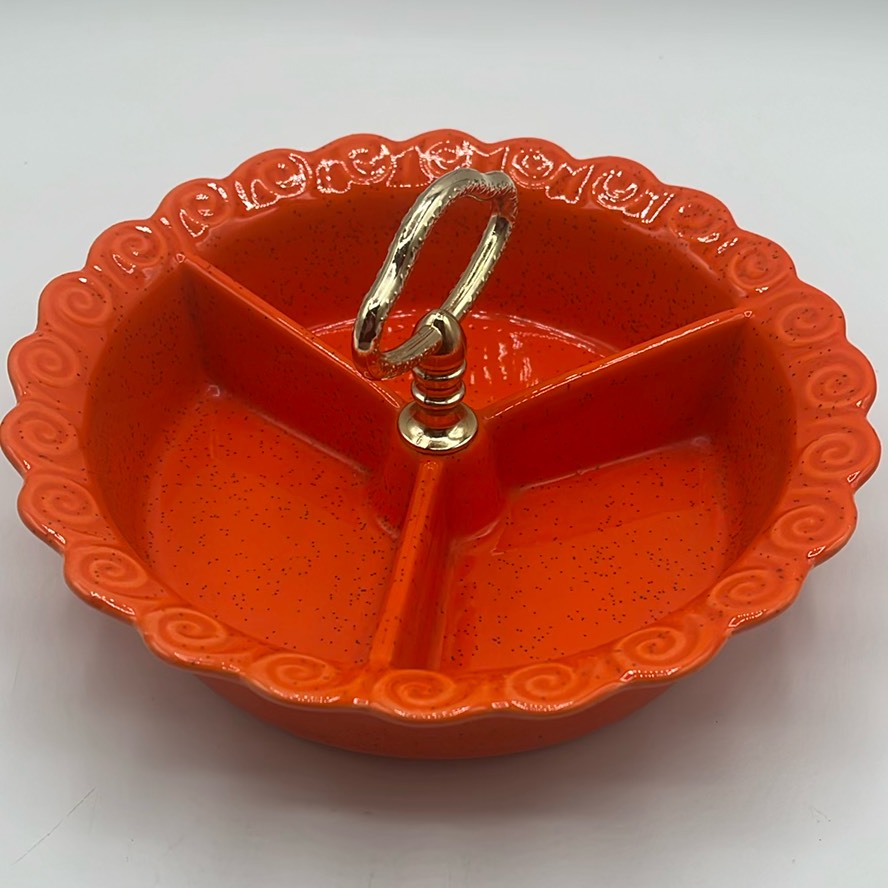 California Pottery Orange Speckle Handled Tidbit Divided Dish #267