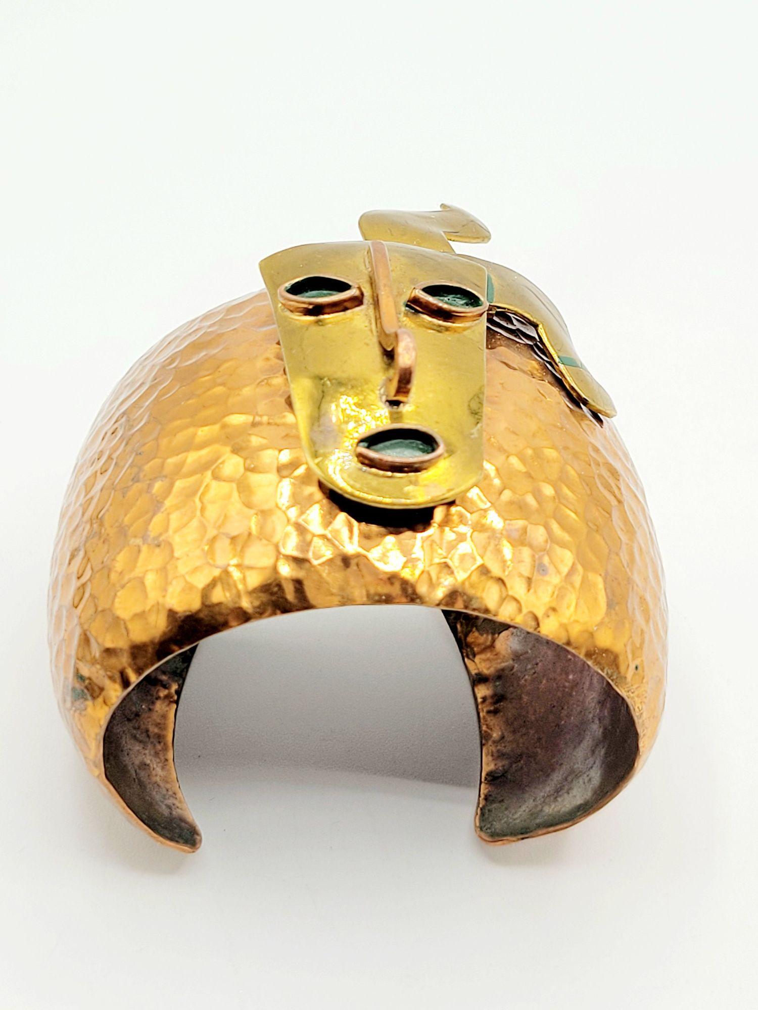 Vintage MCM Hammered Copper Mexican Mask Cuff Bracelet