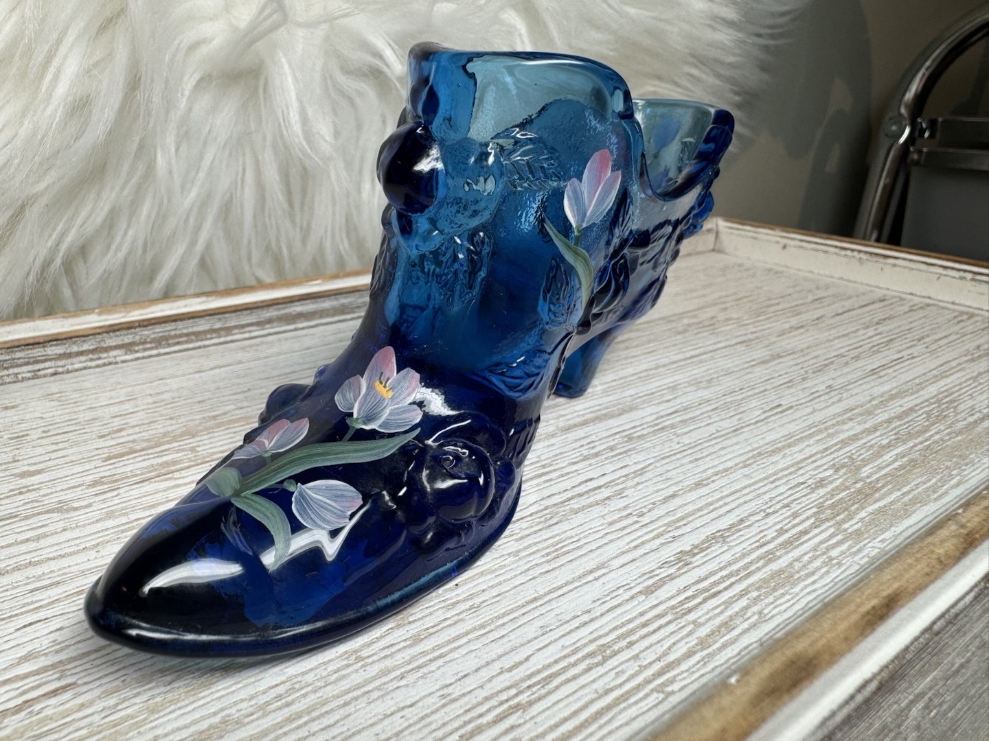 Fenton Blue Glass Shoe With hand painted flowers; Signed W/ Sticker