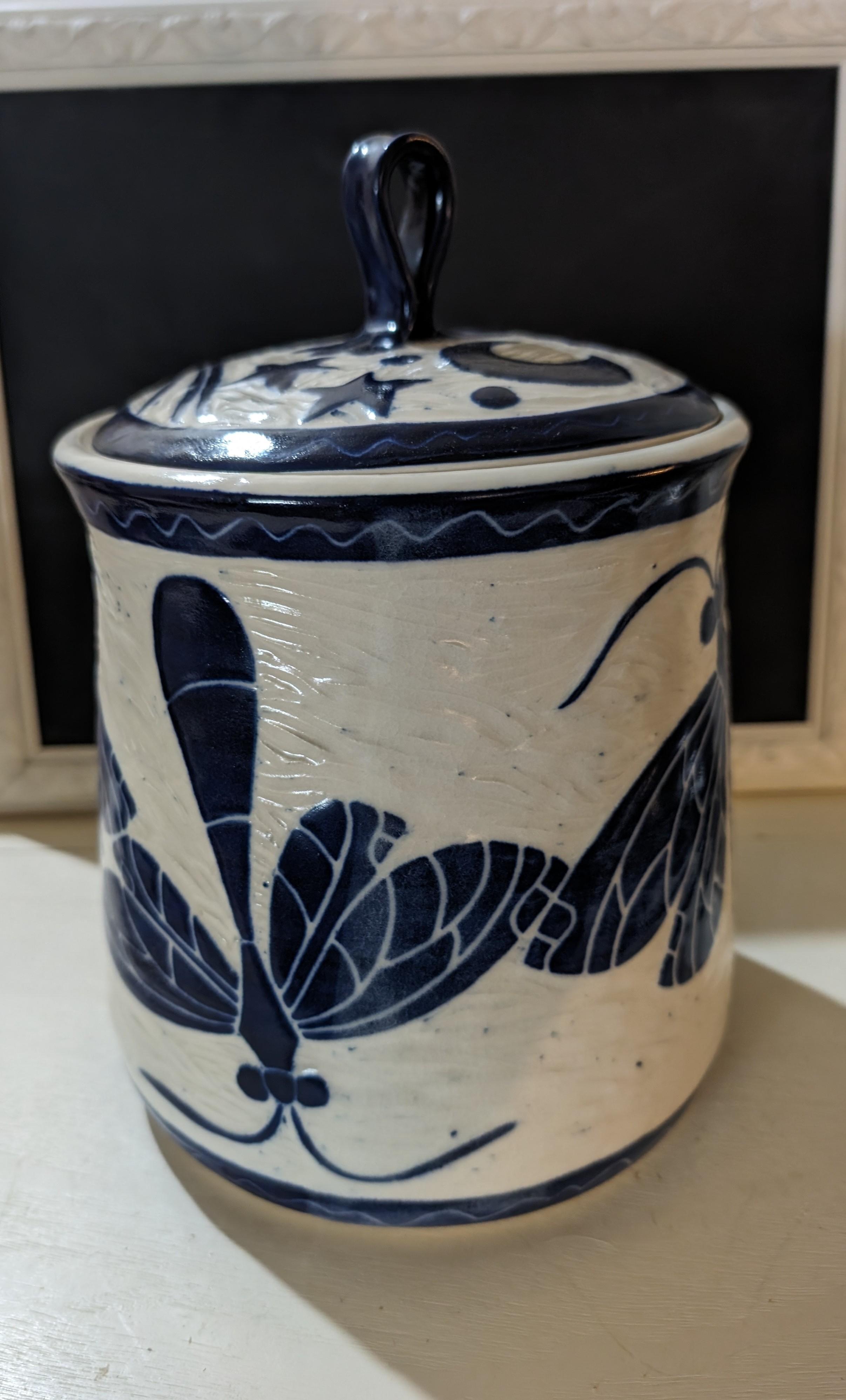 Cris Conklin Pottery Blue And White Dragonfly Cookie Jar Signed And Dated