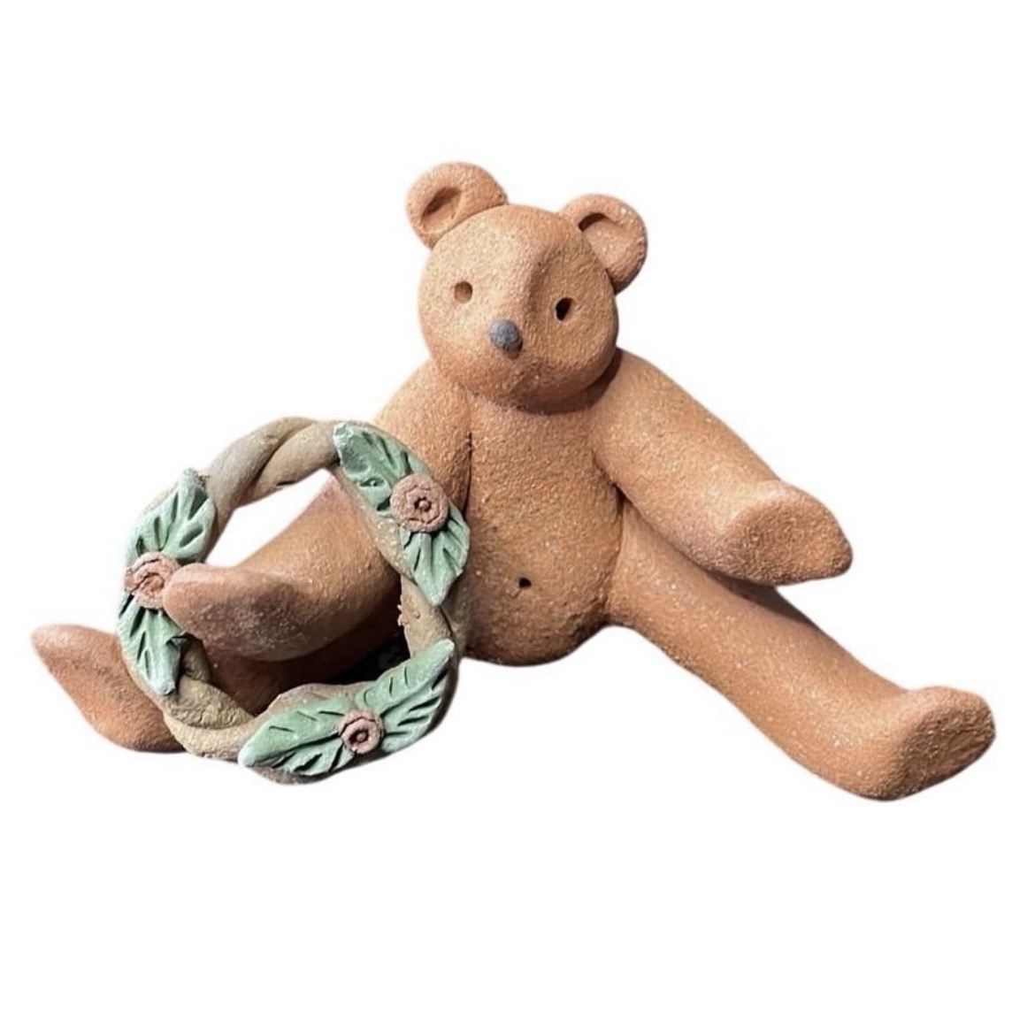 Handmade Clay Pottery Sitting Teddy Bear Wreath Figurine Sculpture ...