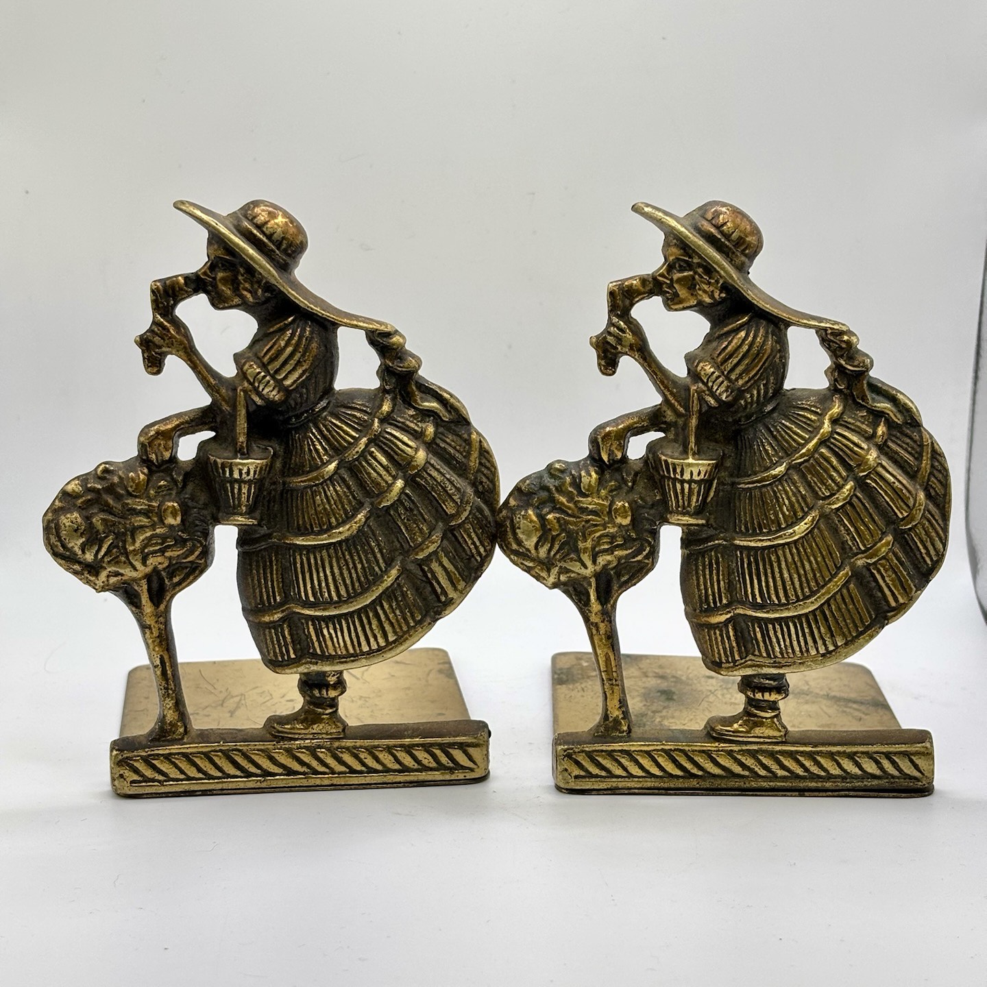 Pair of Vintage Brass Crinoline Victorian Lady Bookends 5.5”