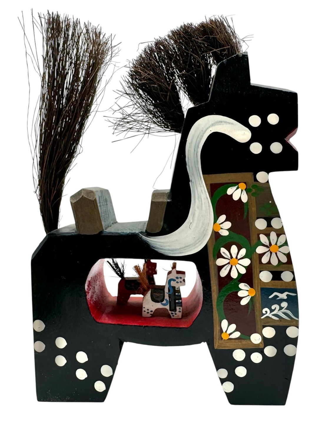 Vintage Japanese Folk Art Wood Yawata Uma Horse Pregnant Twins Black ...