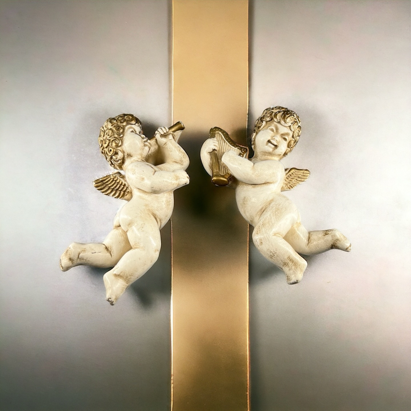 MCM Universal Statuary Corp 1955 Pair 2 Chalkware Cherub Angels Harp ...