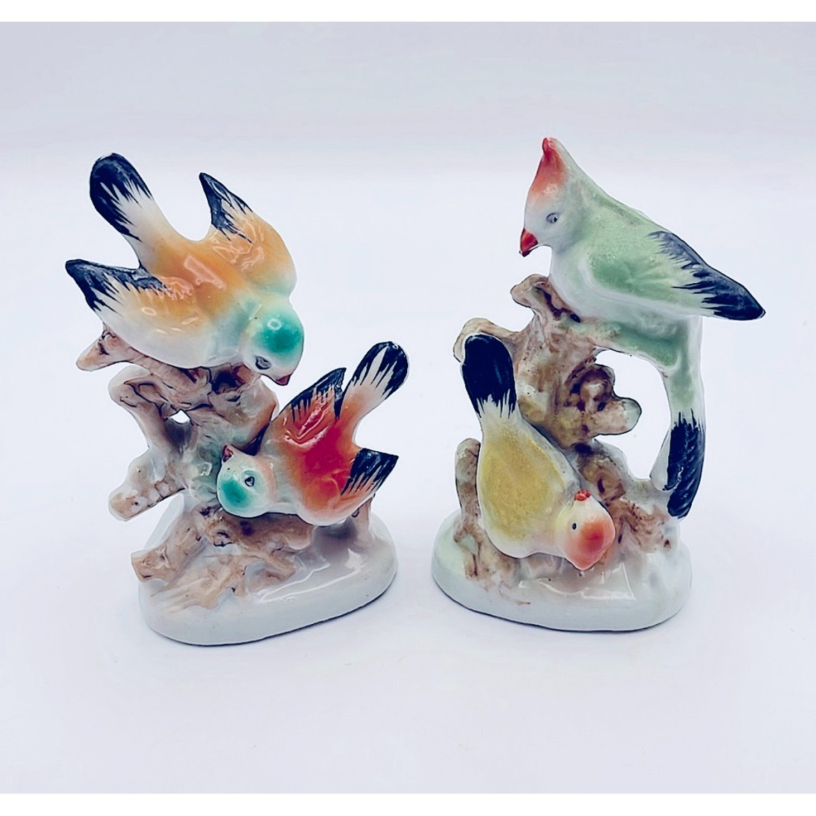 Vintage, bisque, miniature statues with colorful birds! Made in Japan ...
