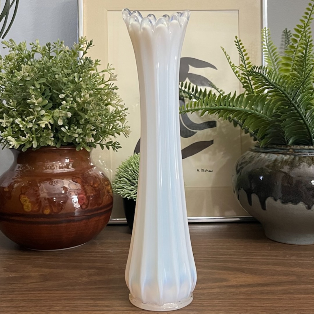 Vintage Fostoria Heirloom Glass White Opalescent Ribbed Swung Vase 11 ...