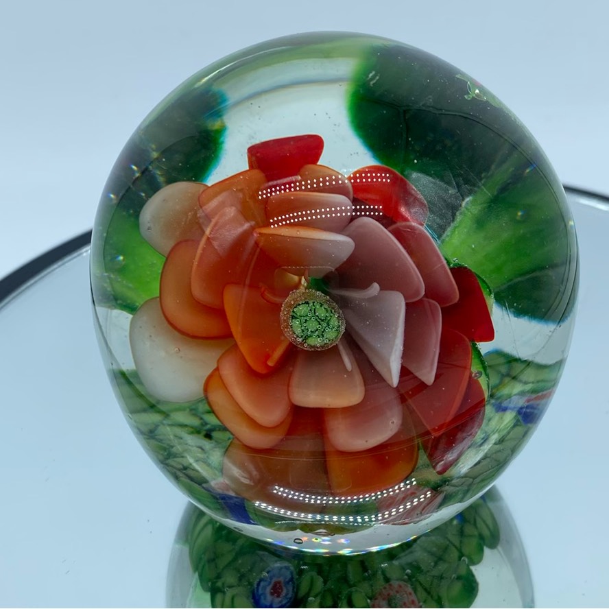 #0044 Paperweight With Red Flower With Central Cane Leaves And ...