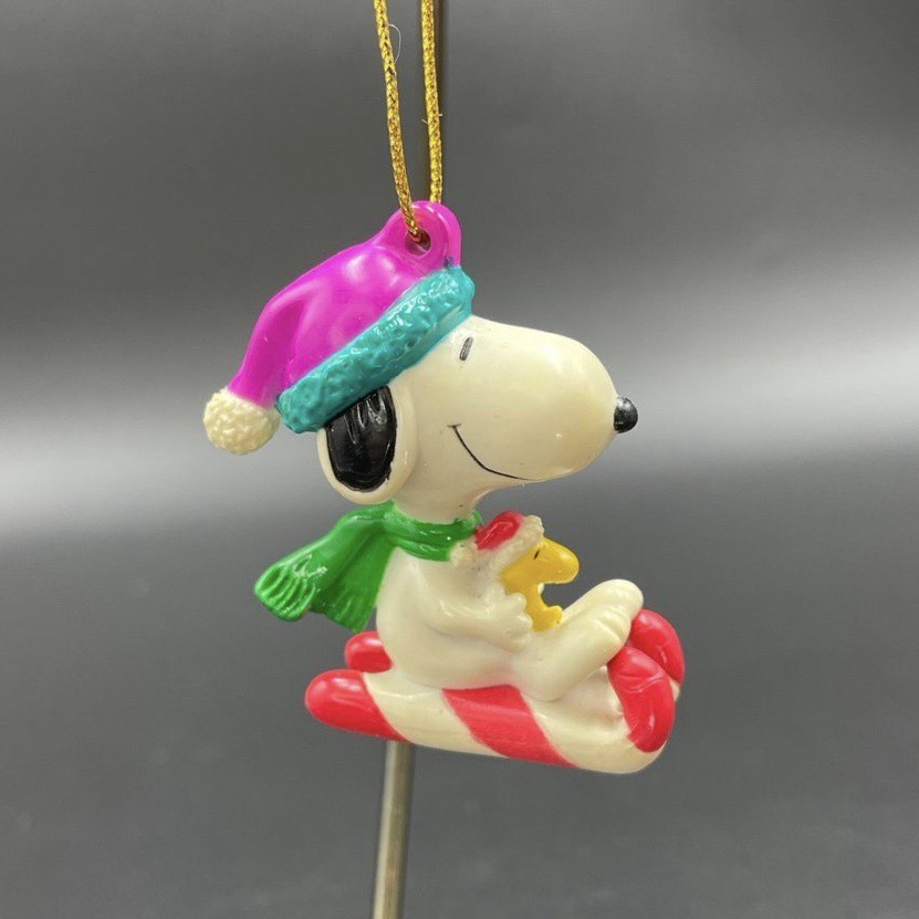Peanuts Snoopy Woodstock Candy Cane Sled Hanging Christmas Ornament Vintage