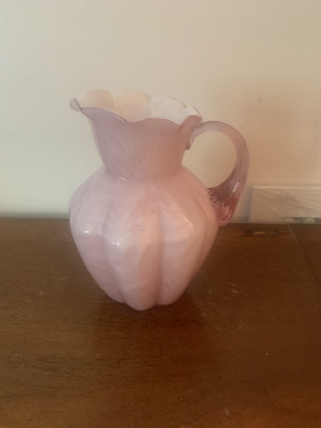 003 Vintage Cased Art Glass Fenton Pitcher White Inside Pink Outside
