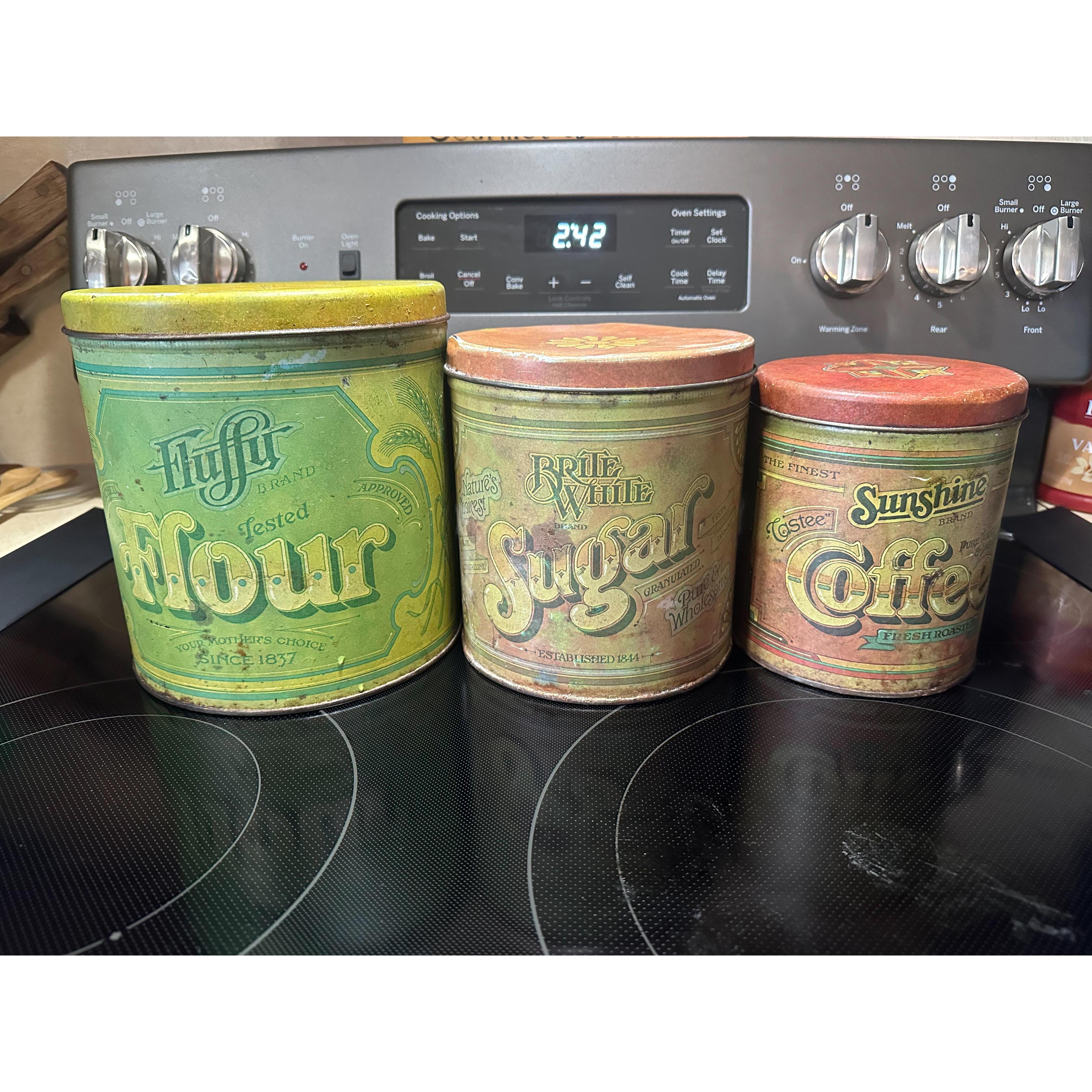 Vintage 1970 Fluffy Canister Set Flour Sugar Coffee Tin Retro Rustic ...