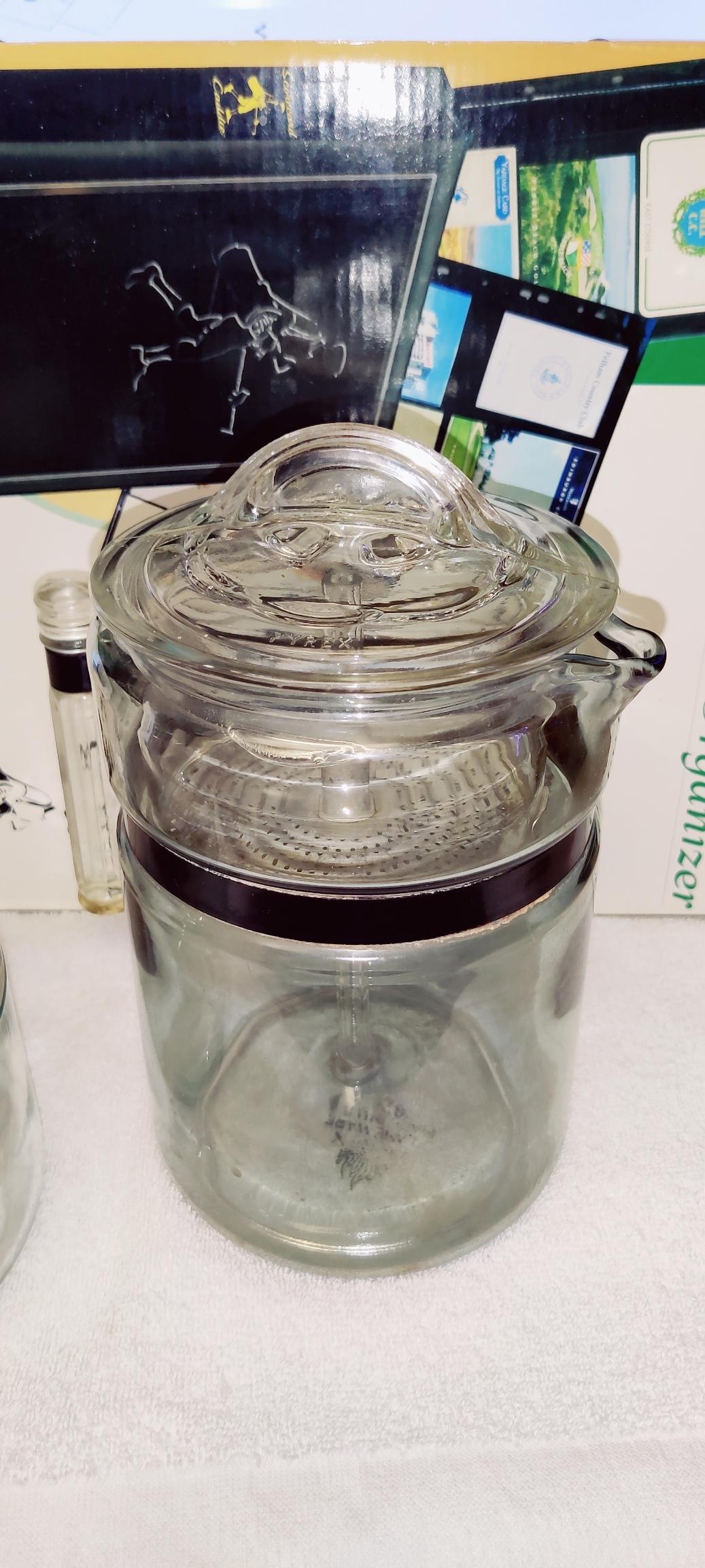 PYREX Blue Tint Glass Flameware 8106C/ 8 Cup Percolator complete, 1930s