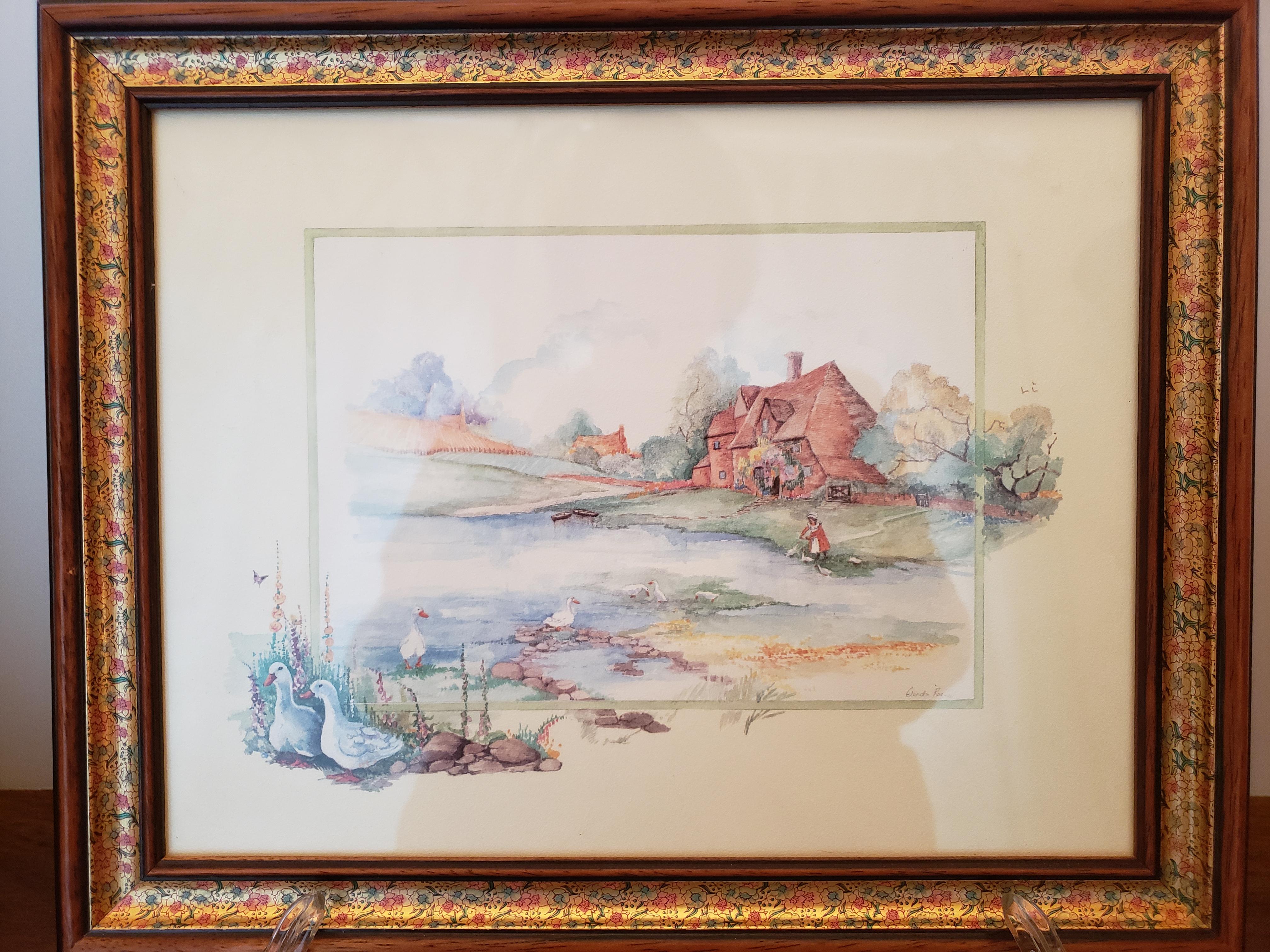 🆓📦Artist Glenda Rae Watercolor Print 11 x 15" English Cottage w Ducks ...