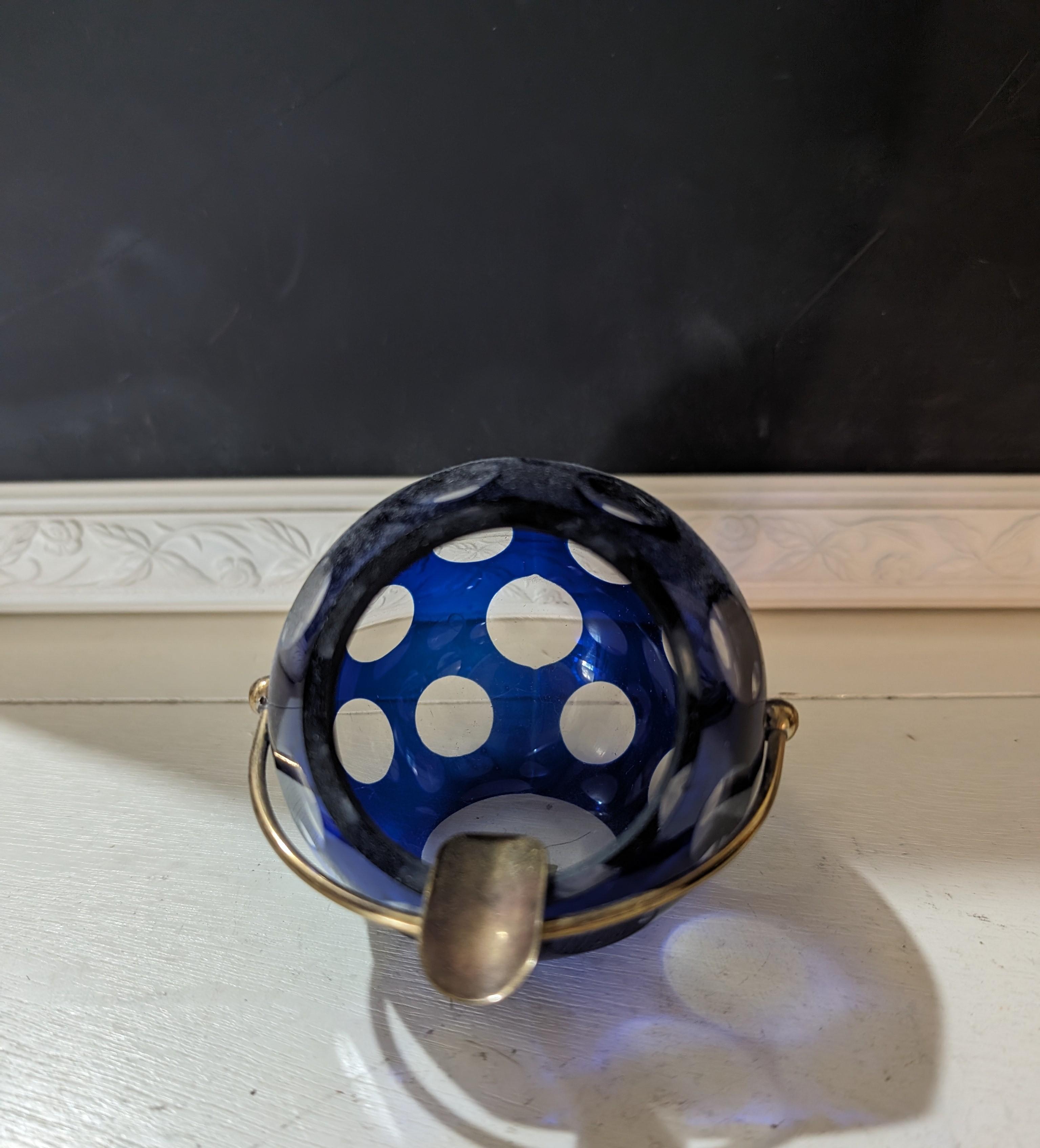 MCM Vintage Cobalt Blue And Clear Glass Optical Sphere Ashtray