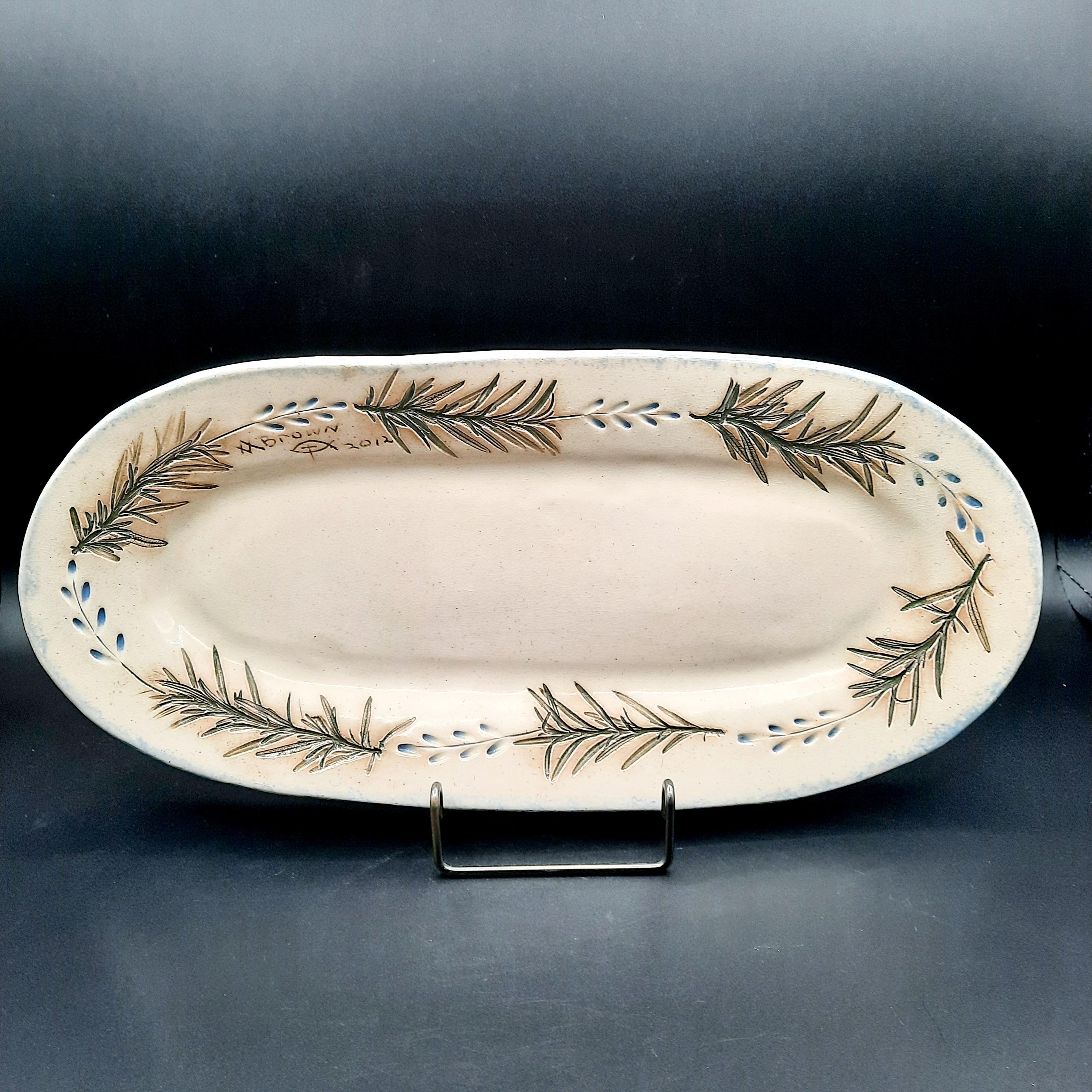Rustic Herb Leaf Pottery Oval Bread Plate Serving Tray Signed Anna ...