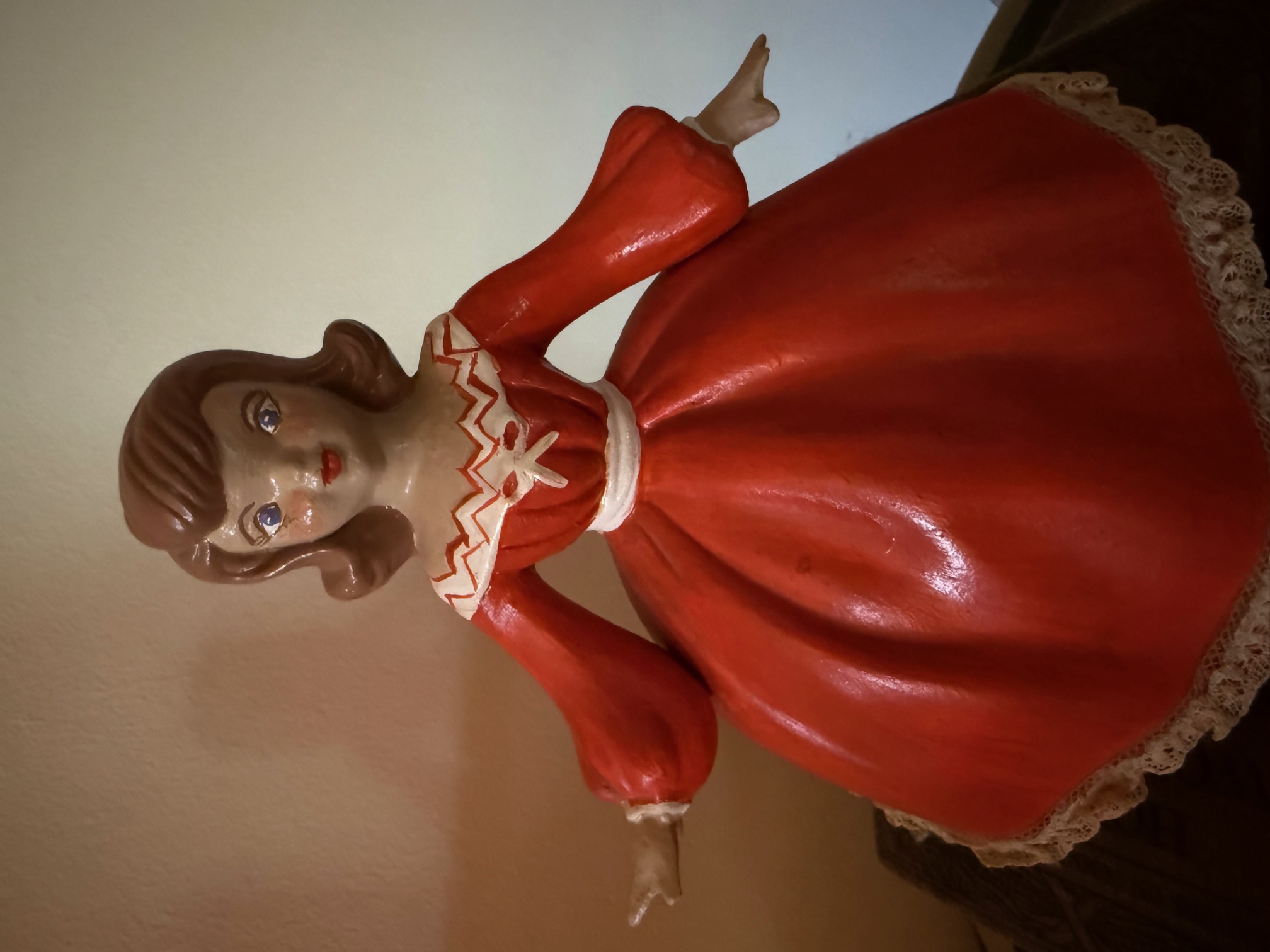 Vintage Chalkware Girl Figurine in Red Dress with Lace Trim – Mid ...