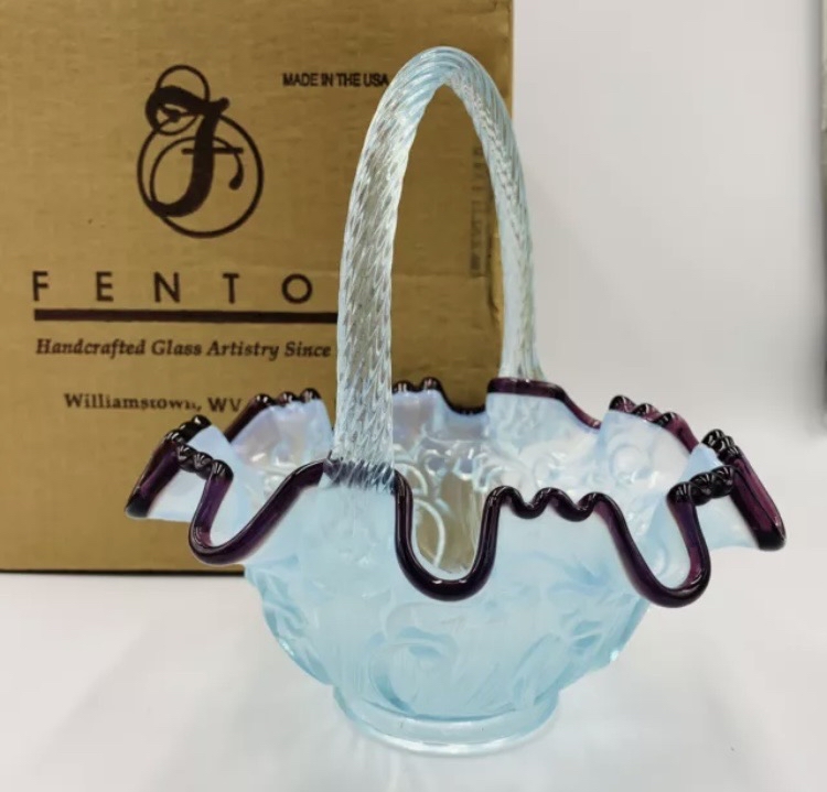 Fenton Glass QVC Blue opaline Lily Of The Valley Basket With Plum Crest HTF