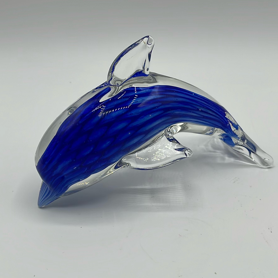 Dolphin Paperweight Blue And White Cased Glass