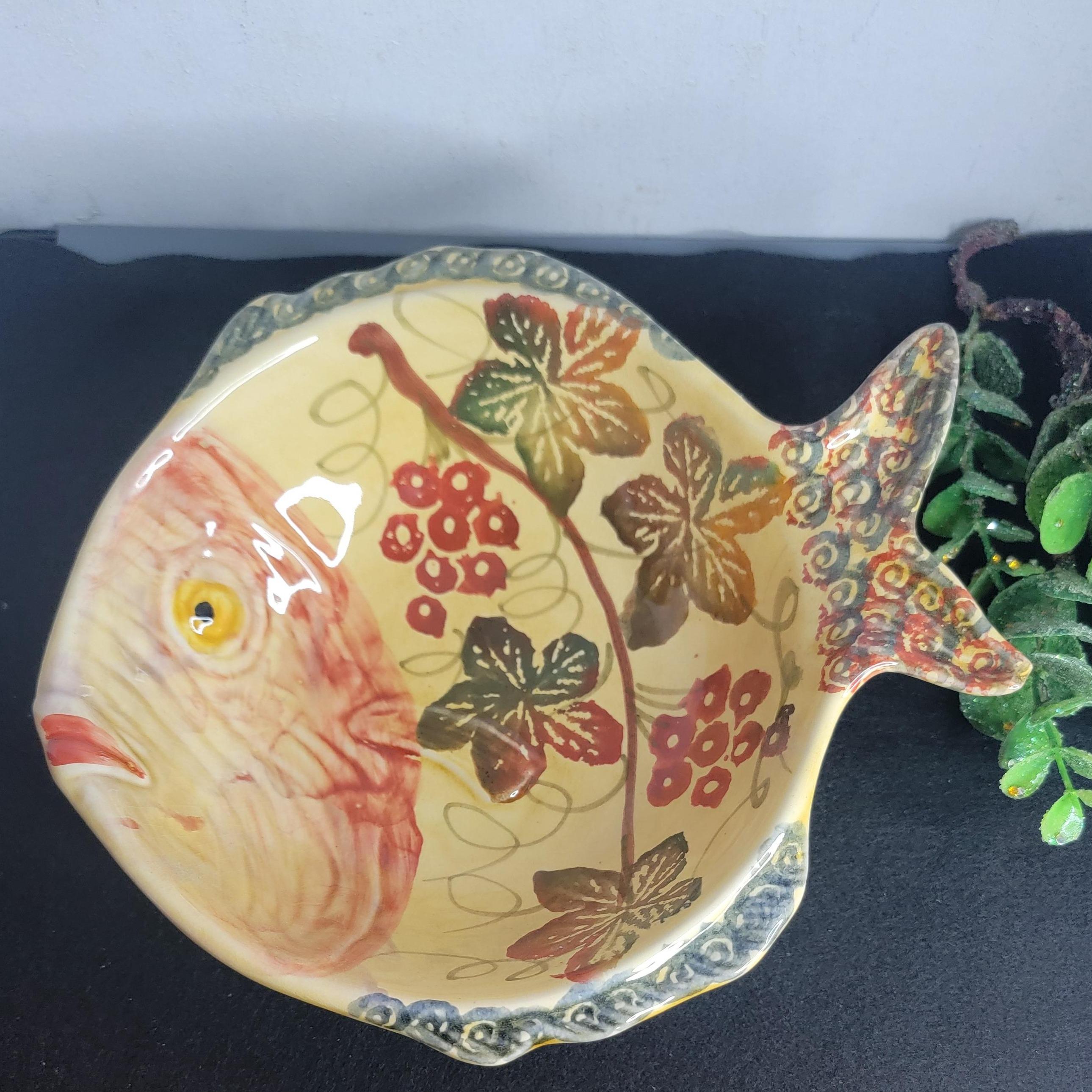 Hand Painted Italian Ceramic Fish-Shaped Dish Marked Italica ARS Floral ...