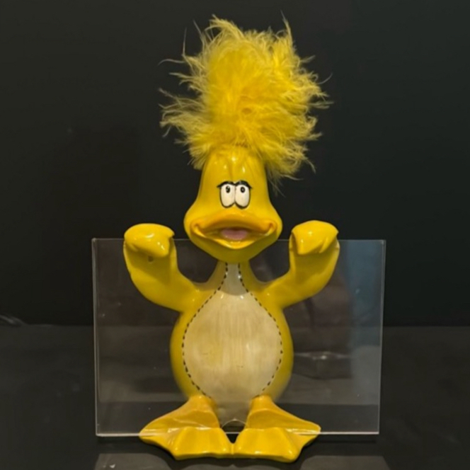 Vintage Derpy Weirdo Duck with Feathers Picture Holder Figurine, 7.5”
