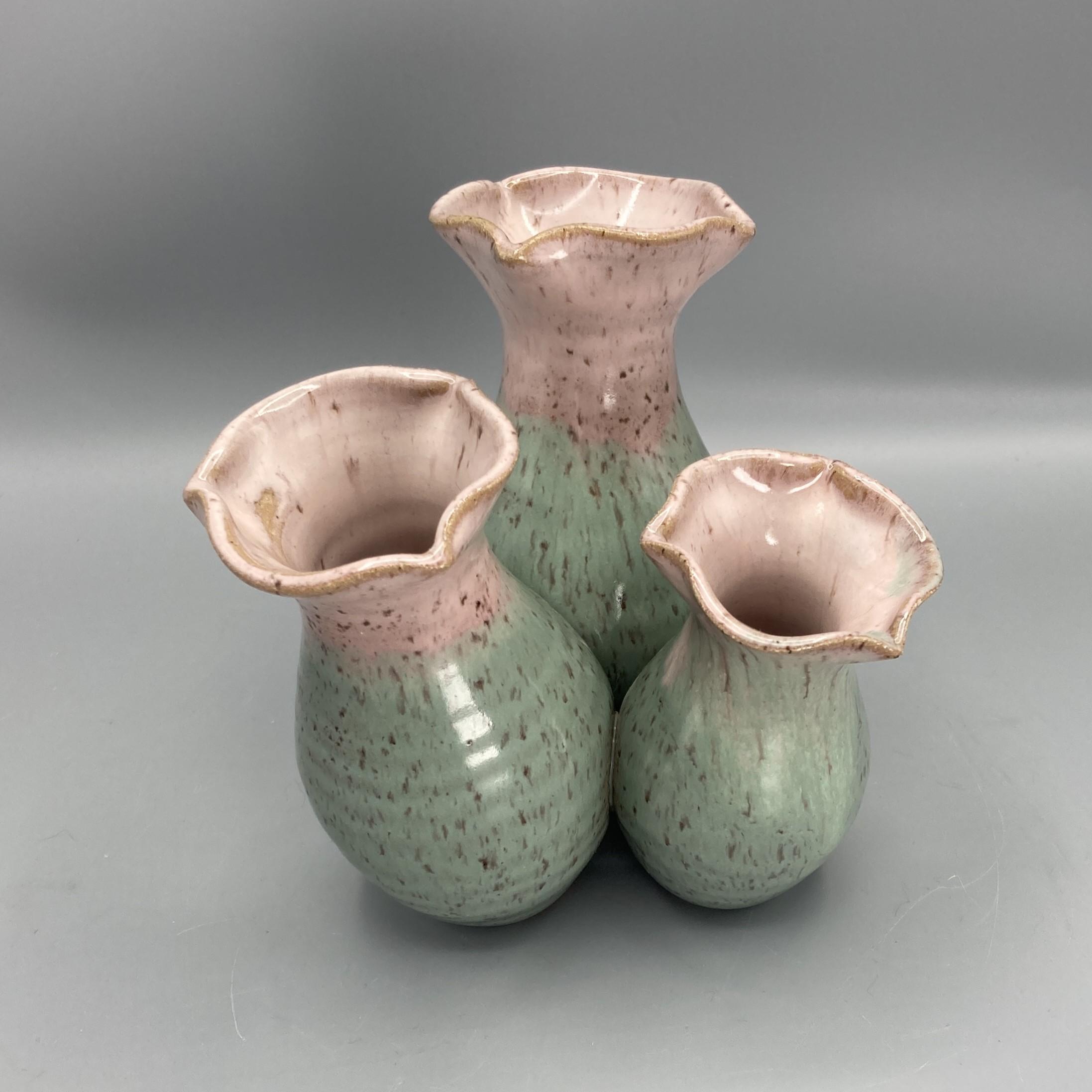 Studio Art Pottery Triple Vase - Speckled Glaze - Floral Frog