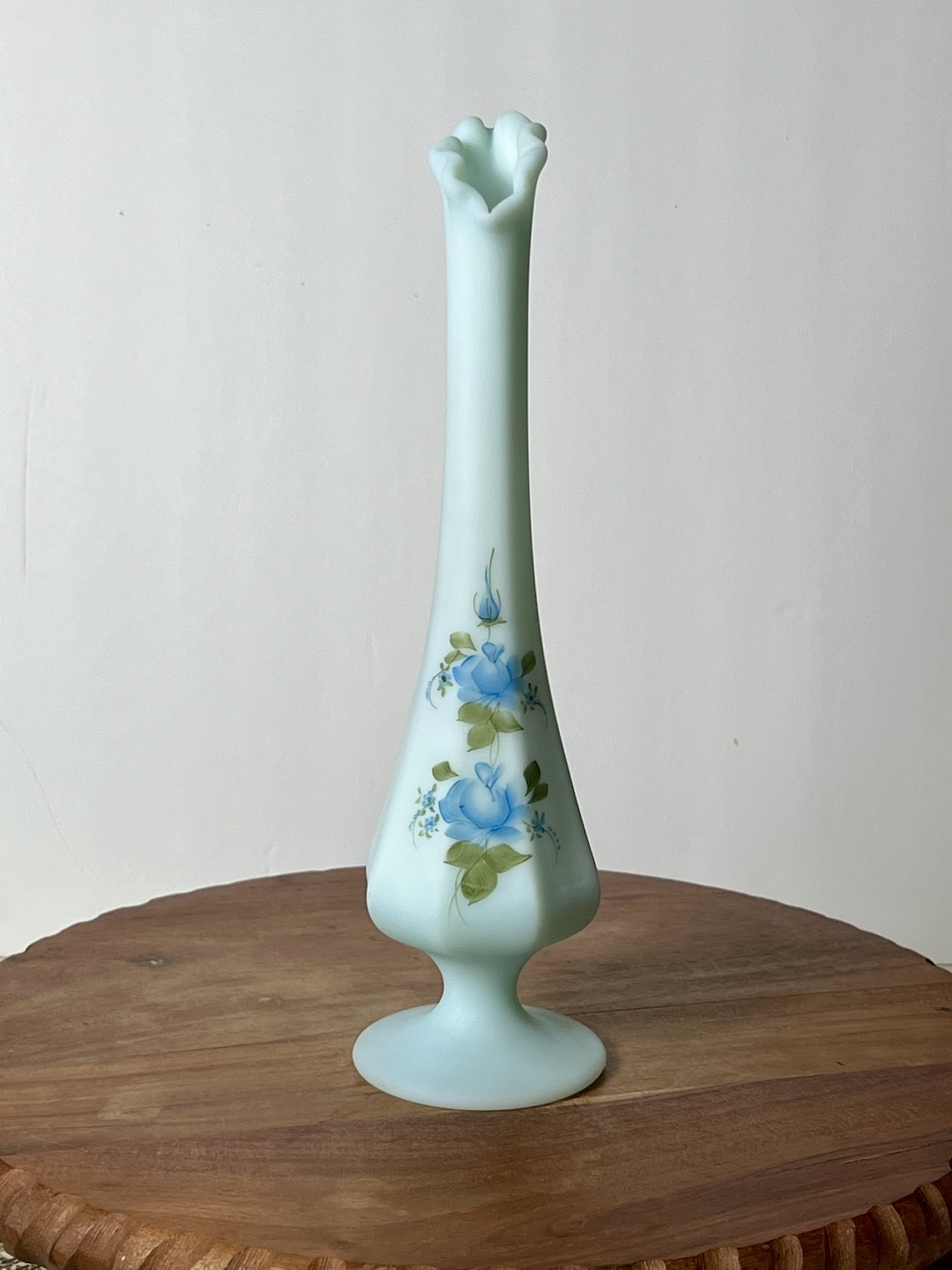 Fenton Blue Satin Hand Painted Bud Vase