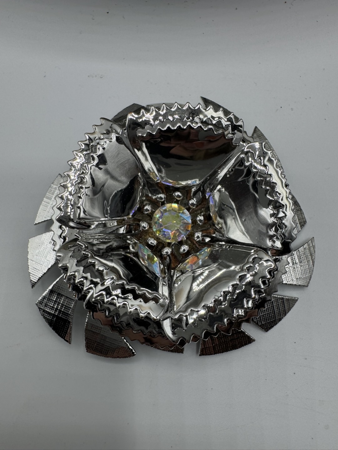 Large 1950’s Silver Tone & Aurora Borealis Rhinestone Brooch