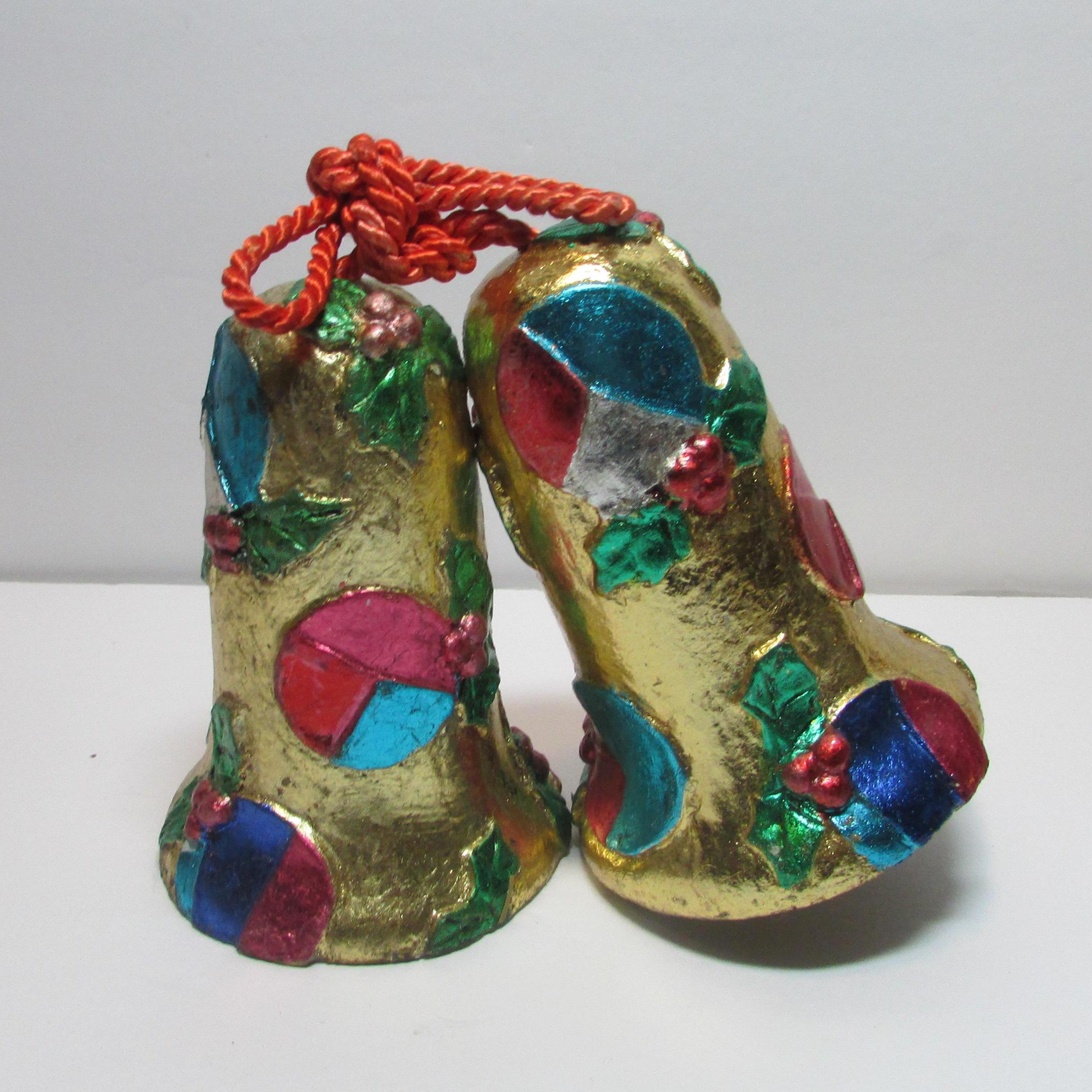 set of vintage gold foil paper mache bells Christmas ornament colorful ...