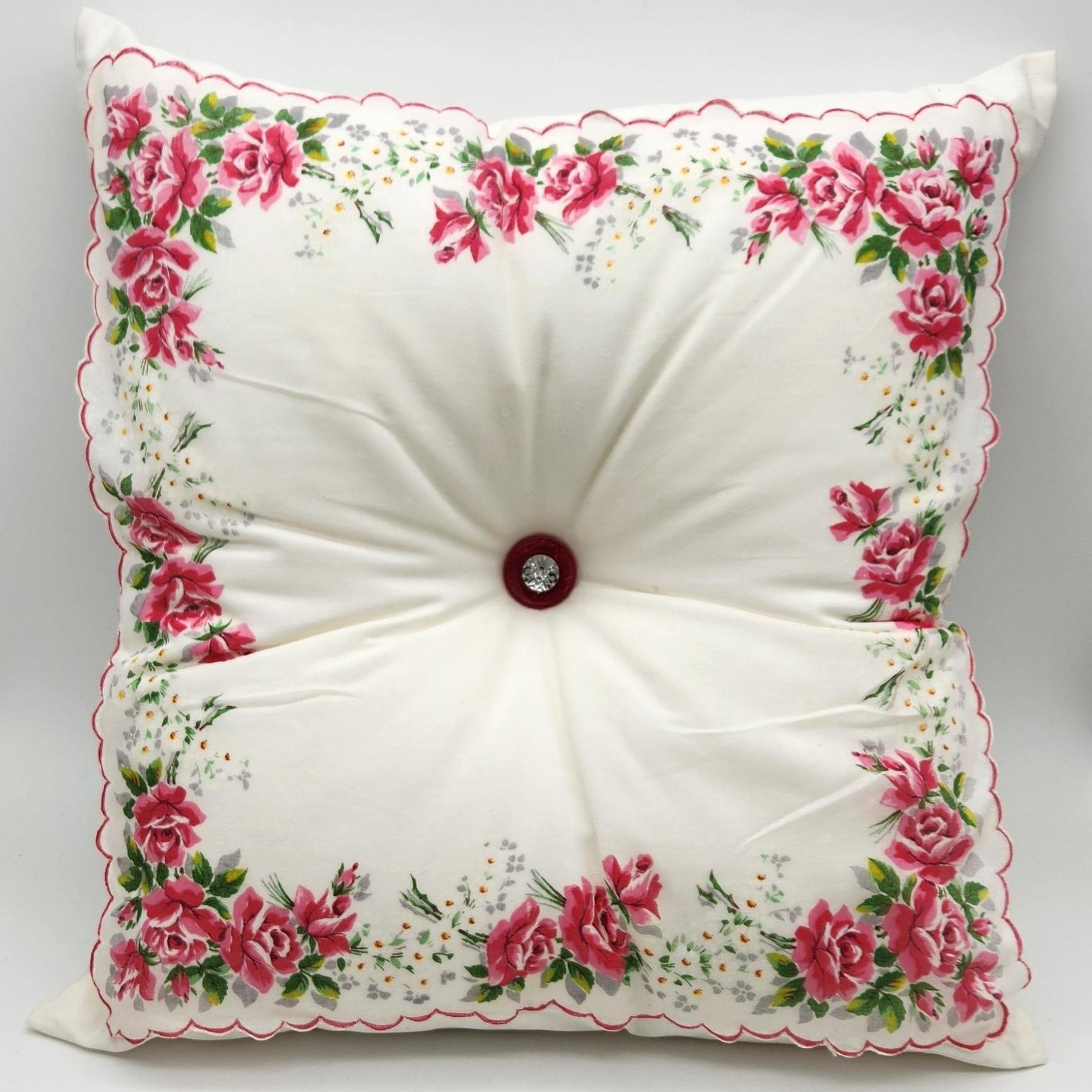 Handmade Pretty Puffy Pillow with Vintage Rose & Daisy Hankie & Buttons