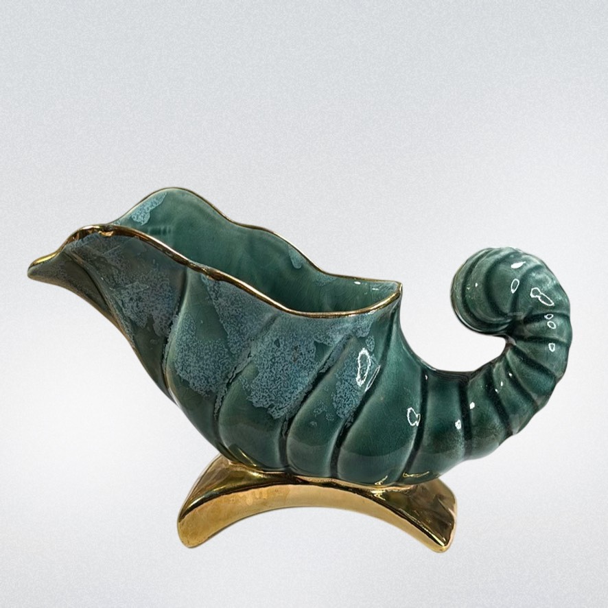 Shawnee Pottery Green Drip Glaze Cornucopia with Shafer 23kt Gold Trim ...