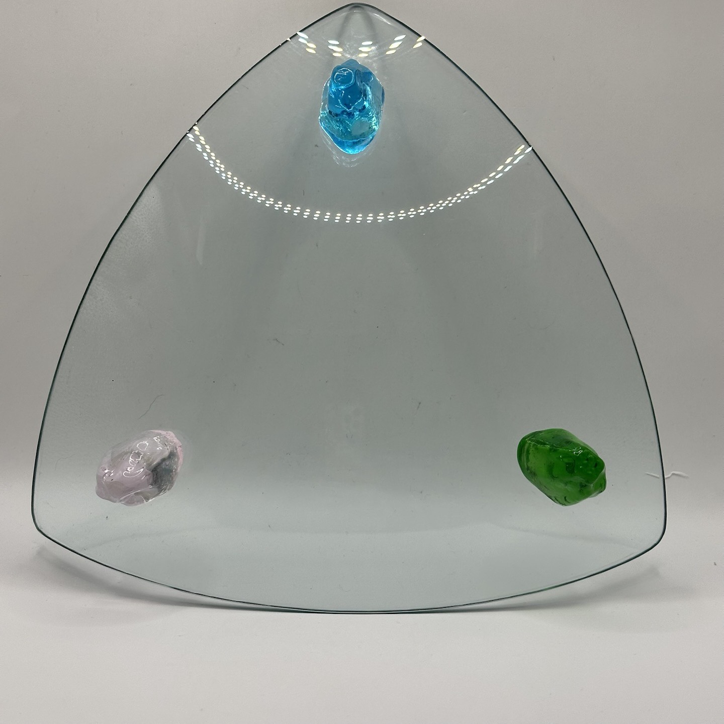 #714 MCM Triangle Glass Dish, Colored Rock Feet, Art Glass Centerpiece