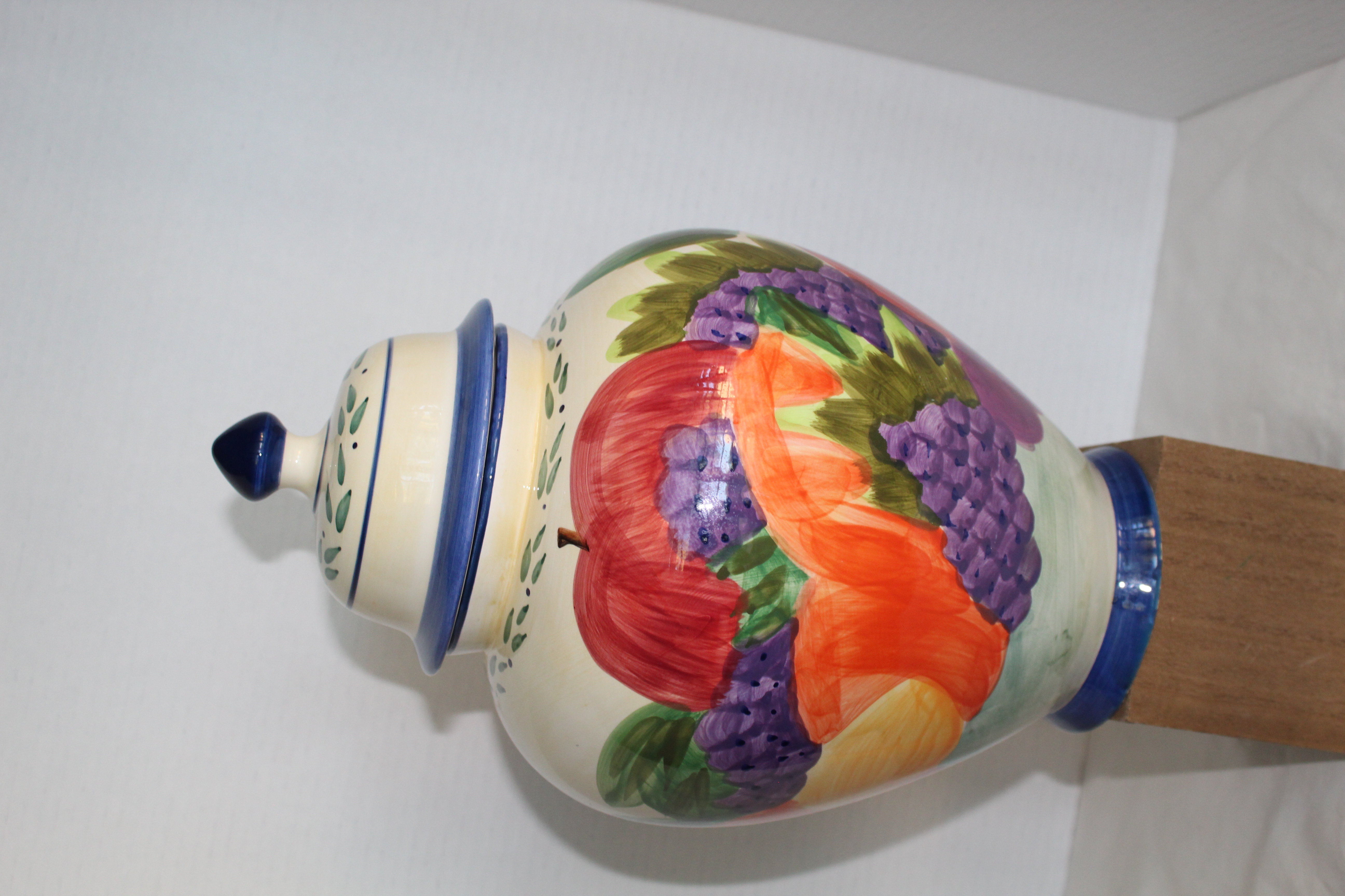 Larger FRUIT Theme Cookie Jar Canister w/Dark Blue Trim Apple Grape ...