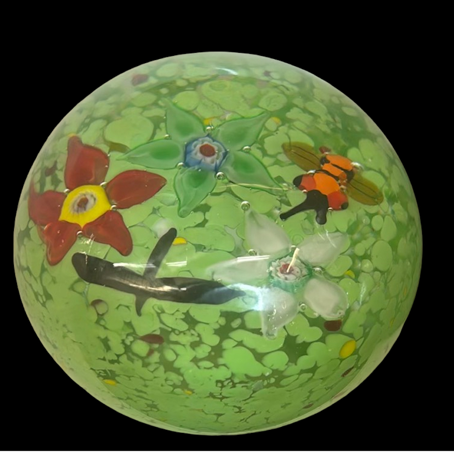 Bee Bird And Florals With Millefiori Cool Paperweight 2 3/4” Tall