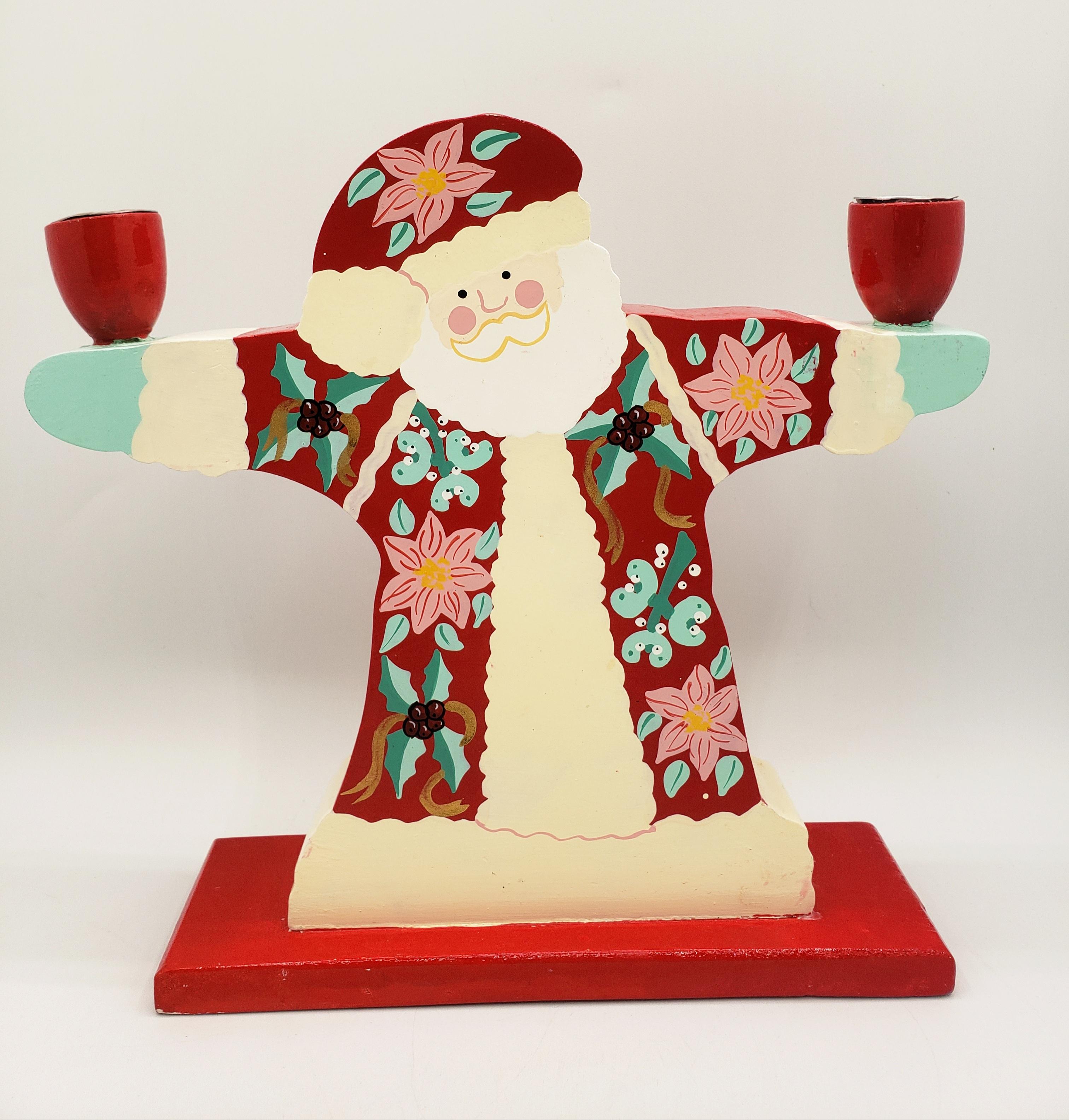 Hand Painted Folk Art Wooden Santa Candle Holder Vintage Christmas ...