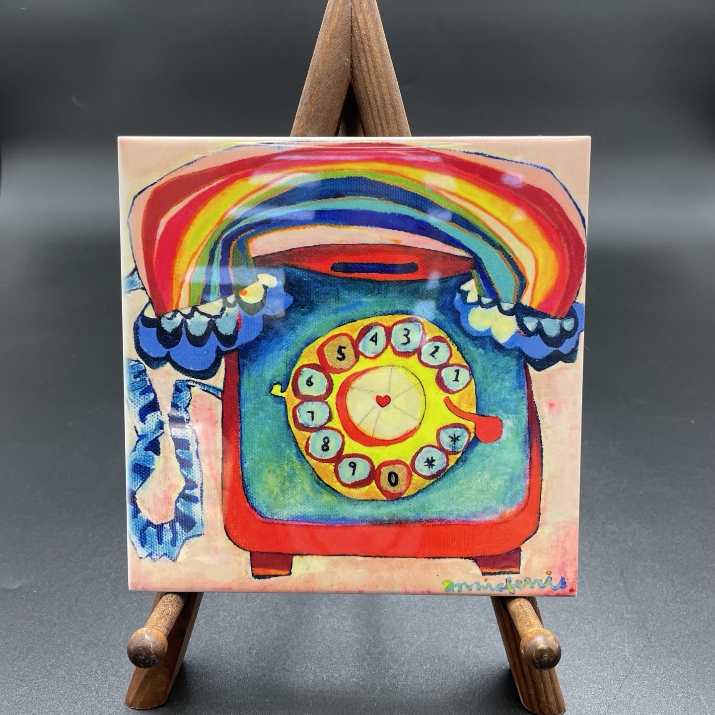 Ceramic Painted Art Tile Rainbow Telephone Phone Signed Annie Ferris