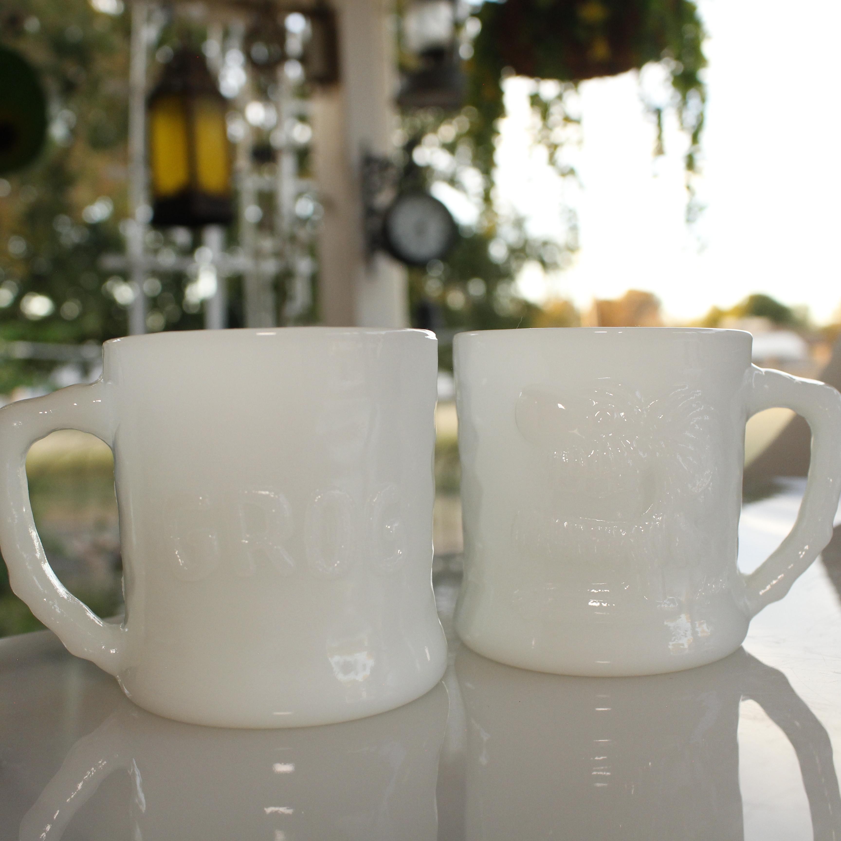Set of 2 Grog Comic Strip Sunday Funnies Milk Glass Mugs, 10oz each