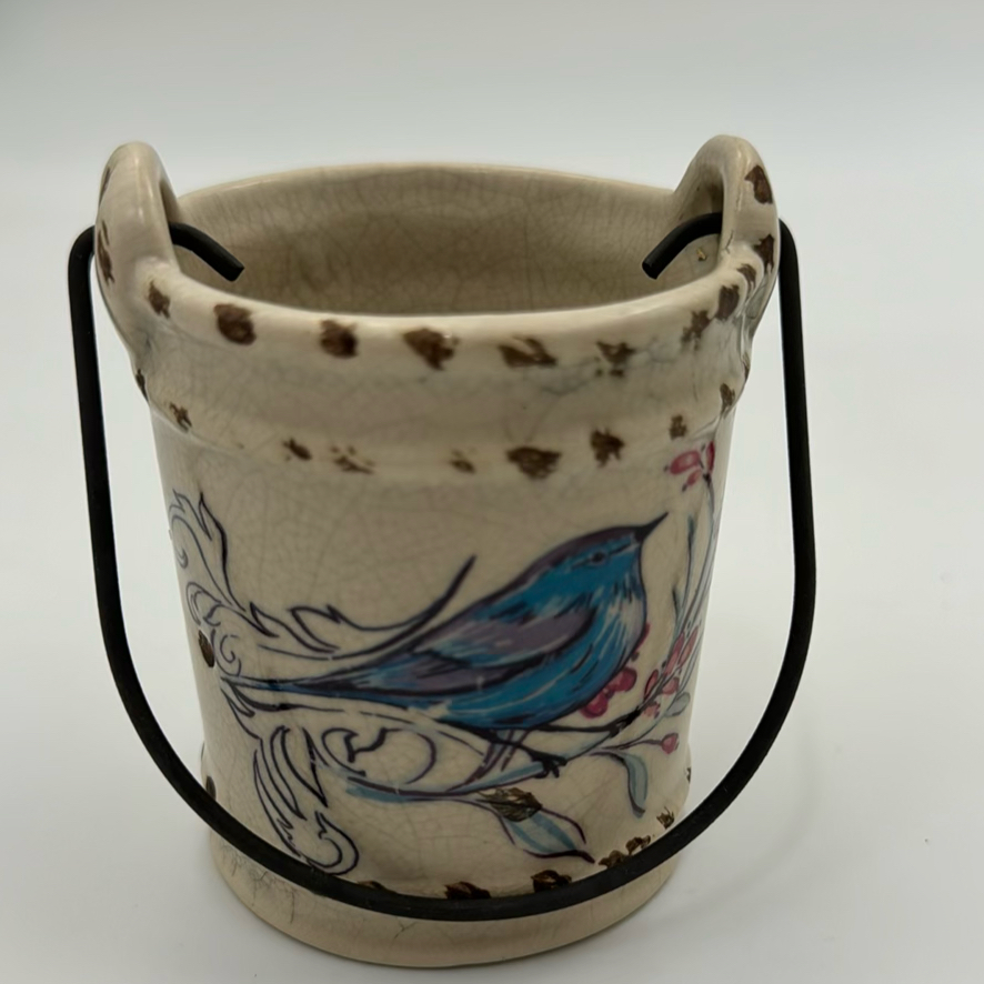 Small Clay Pottery Bucket With Metal Handel Blue Bird On Branch With ...