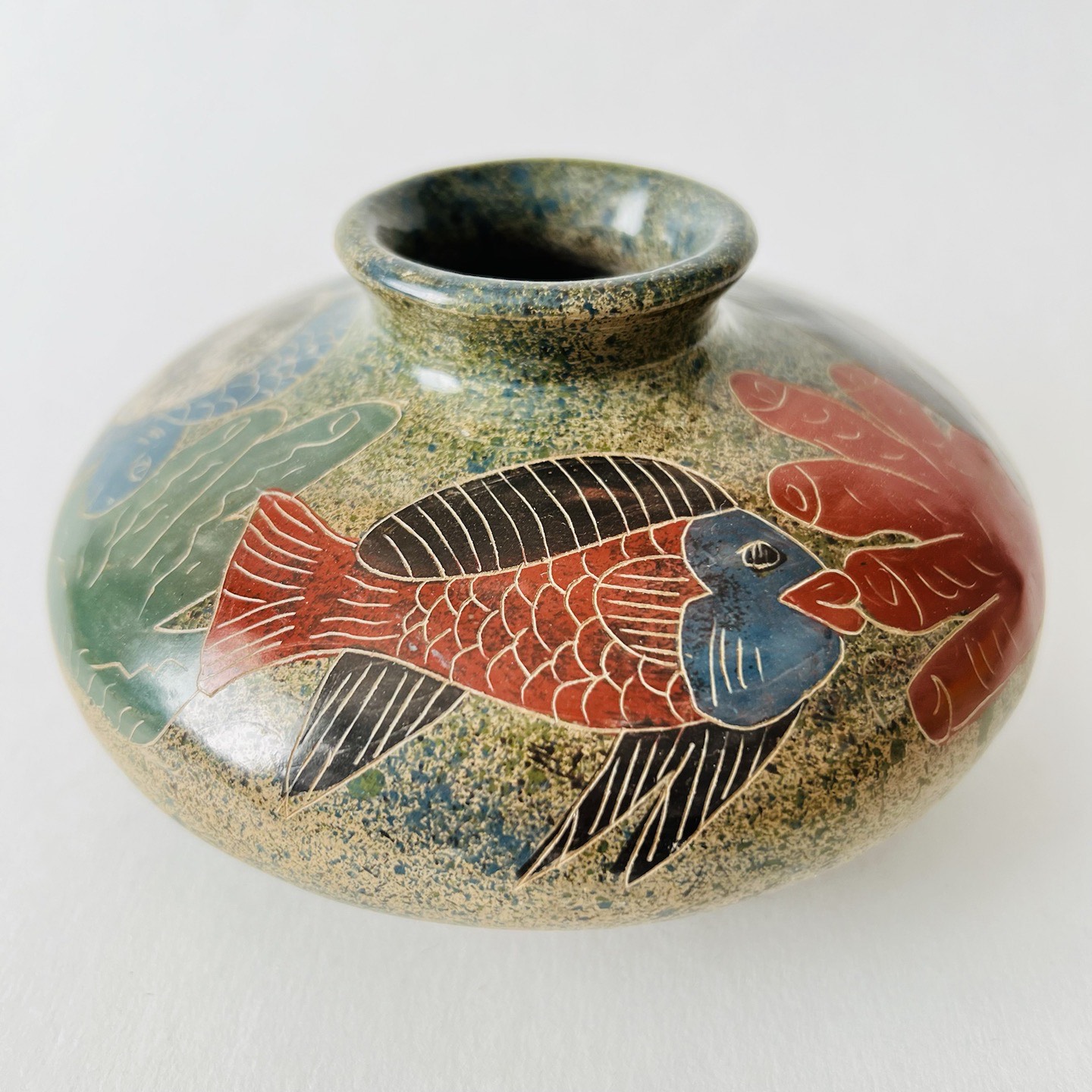 Costa Rican Pottery Vase Fish Turtle Dolphin Coral Signed - Reads Costa ...