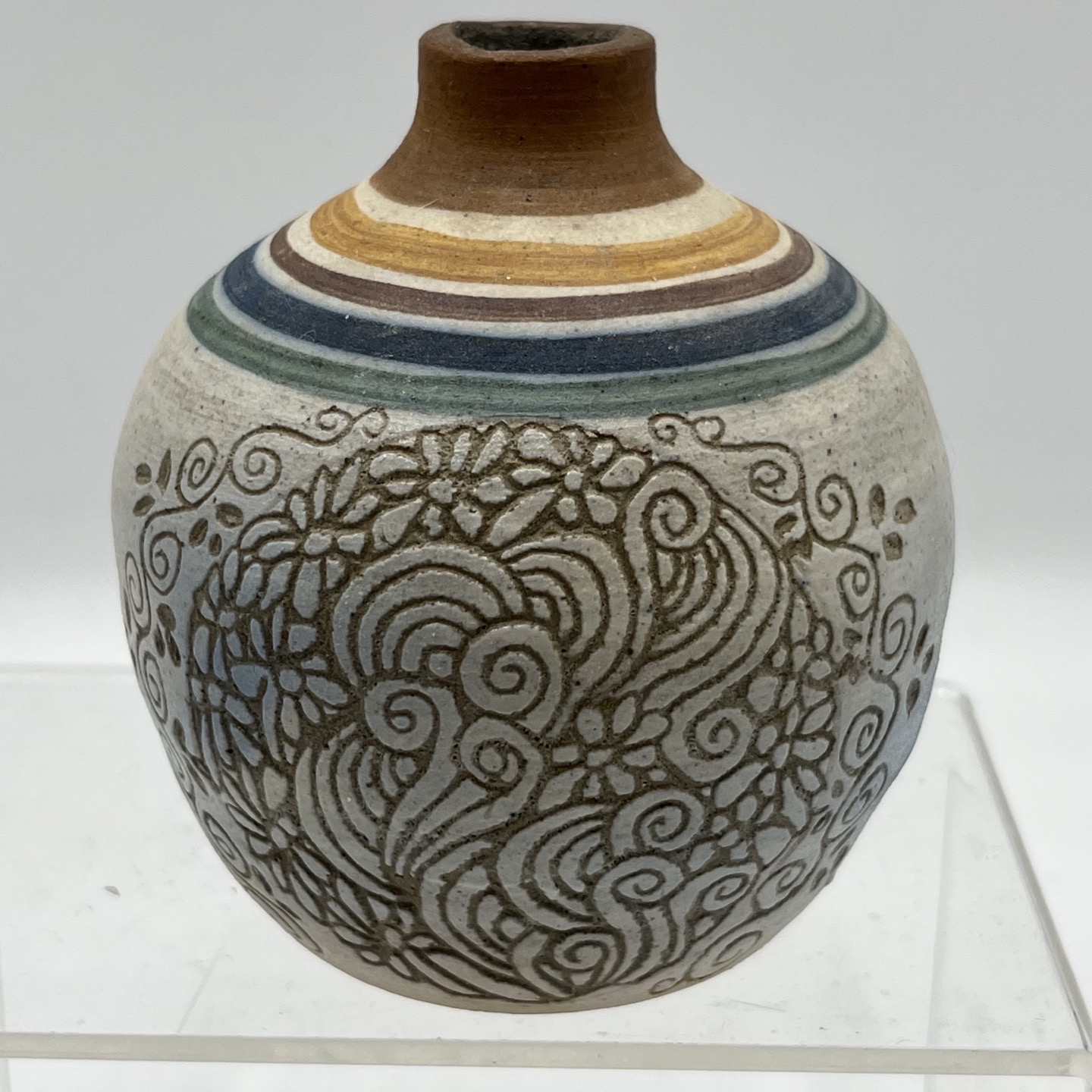 Art Pottery Etched Texture Bud Vase Signed Adi