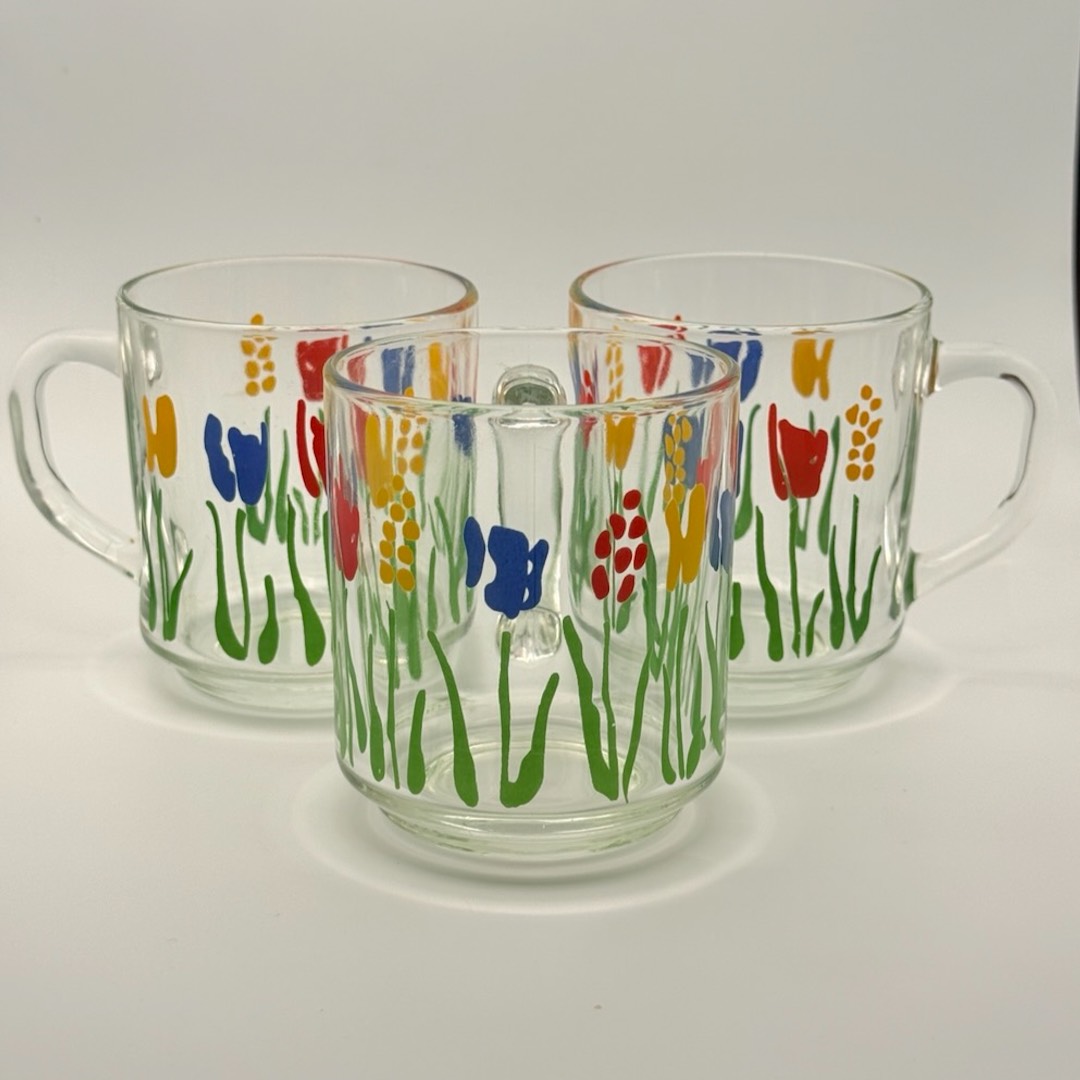 Vintage Luminarc Glass Coffee Cup Mug Flowers 1970's France Set Of 3