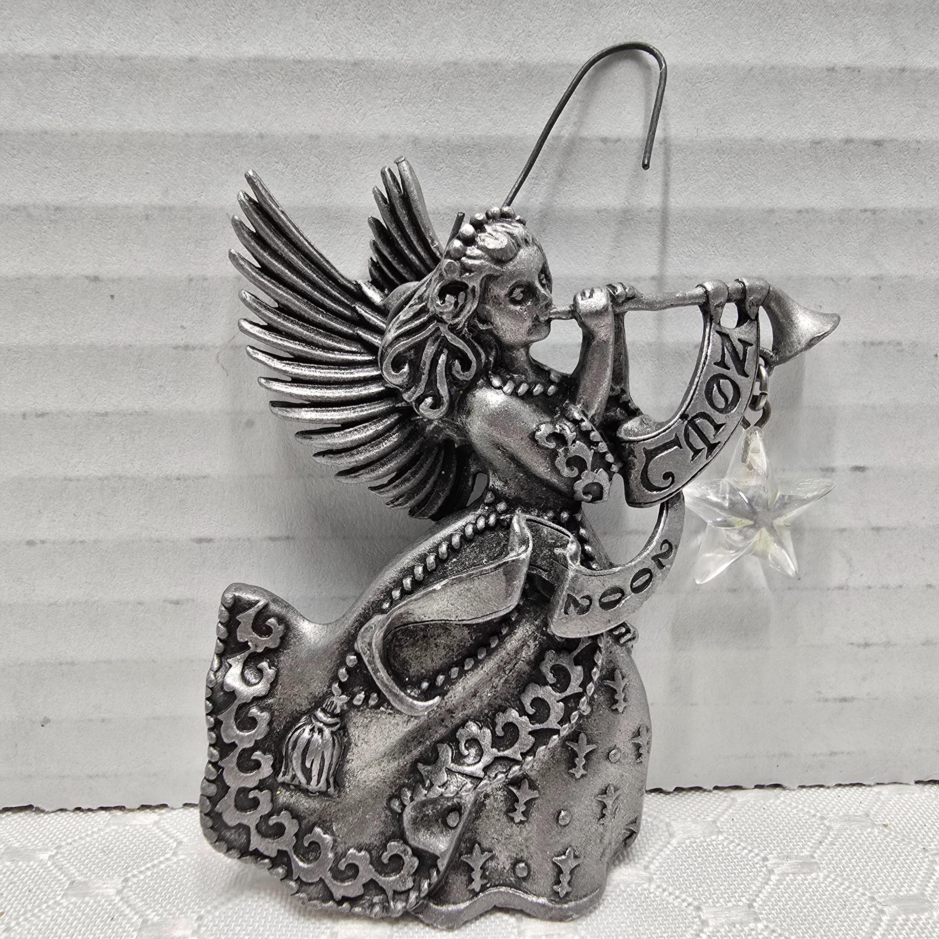Vtg 2002 Avon Pewter Angel w/ Jewel Star & Trumpet Ornament