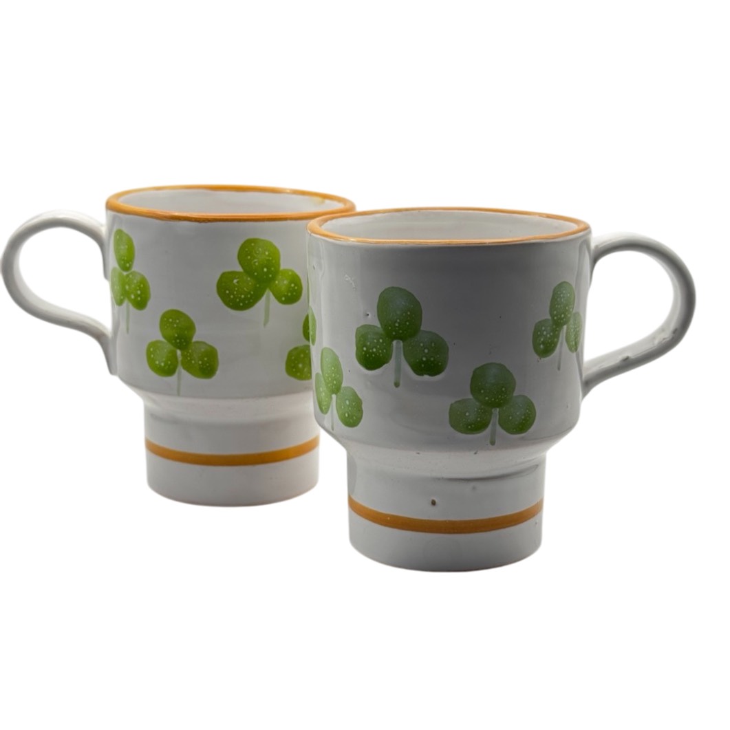 Italian Pottery Mugs Clovers Signed Italy Set Of 2 4x4 1/2"