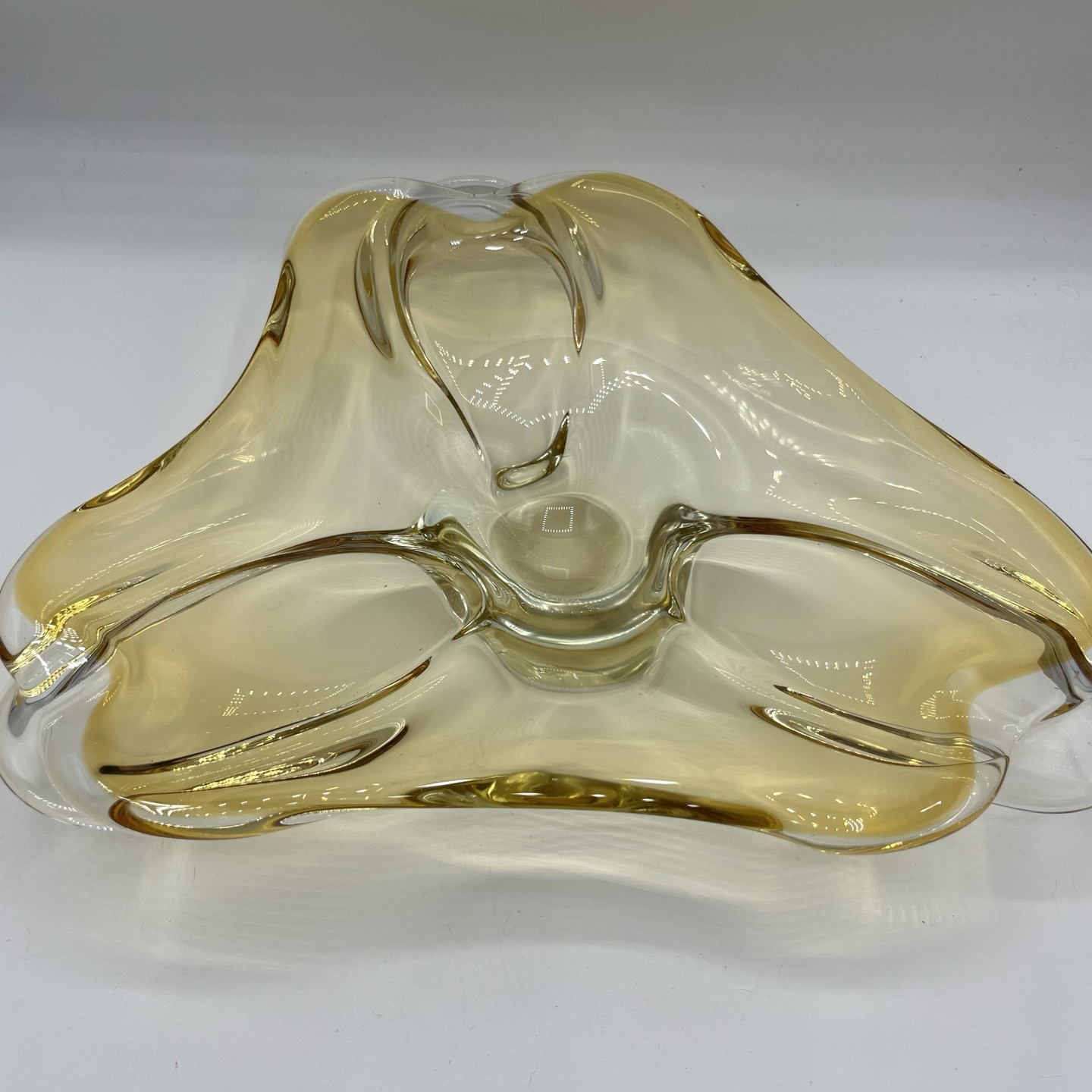 Vintage MCM Triangle Yellow Art Glass Centerpiece 12”