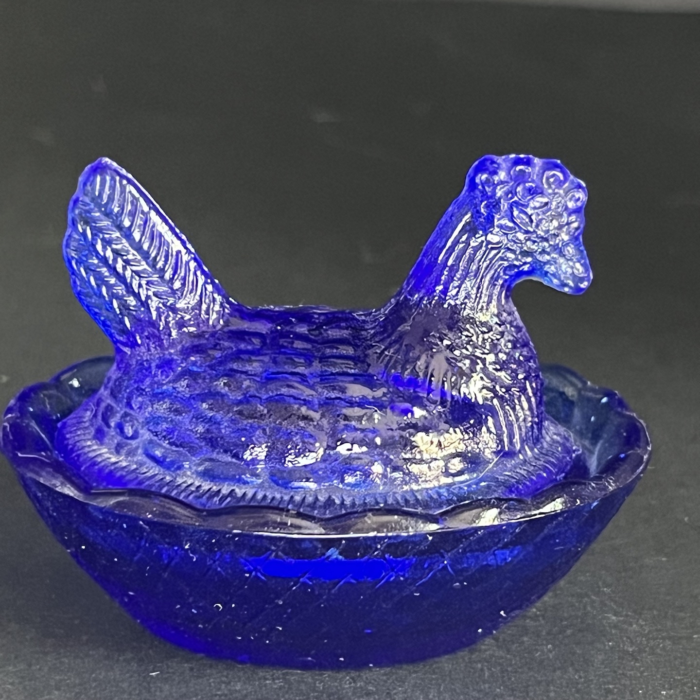 Miniature Cobalt Blue Glass Hen On Nest 2.5”