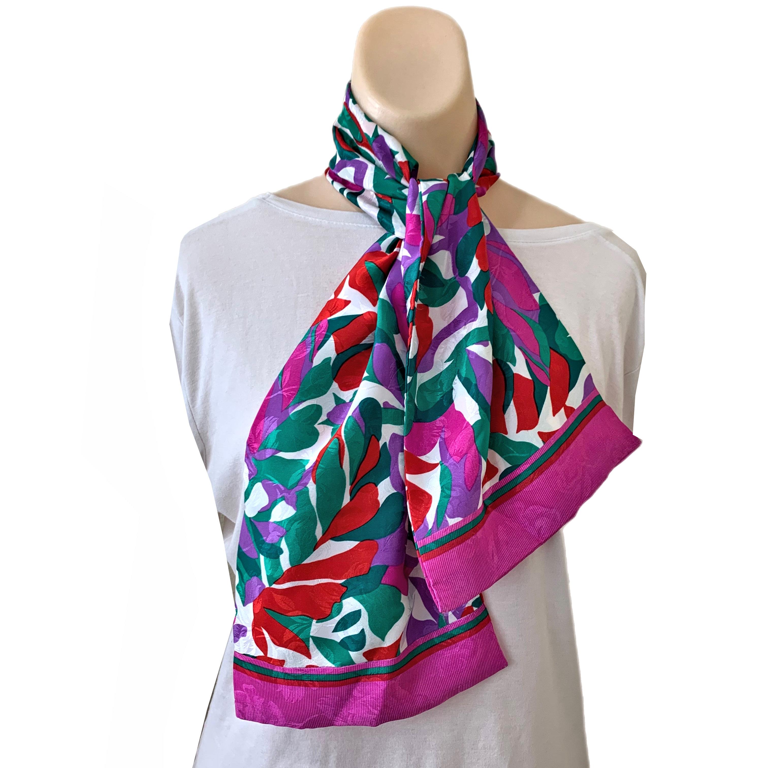Abstract Floral Long Neck Scarf Pink Purple Double Layer Silky Retro ...